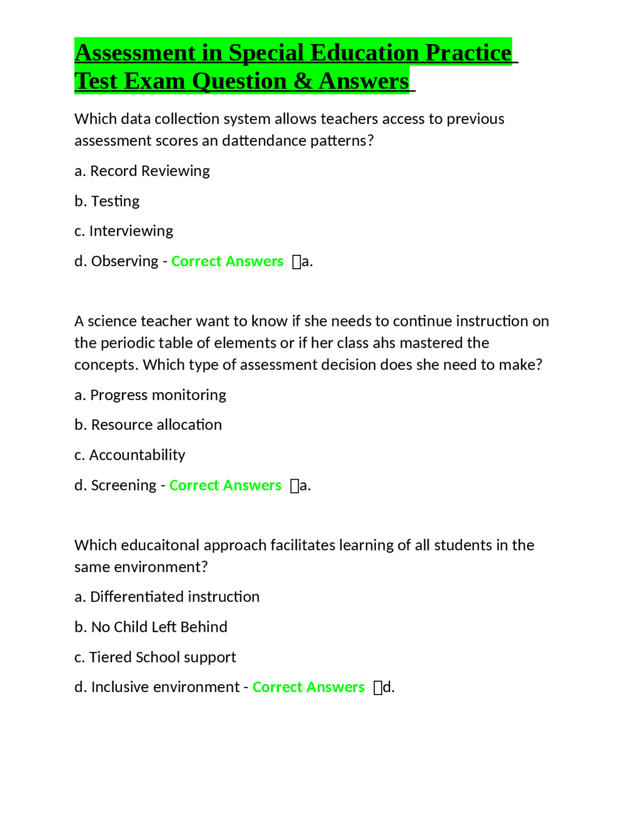 Assessment in Special Education Practice: Test Exam Questions and ...