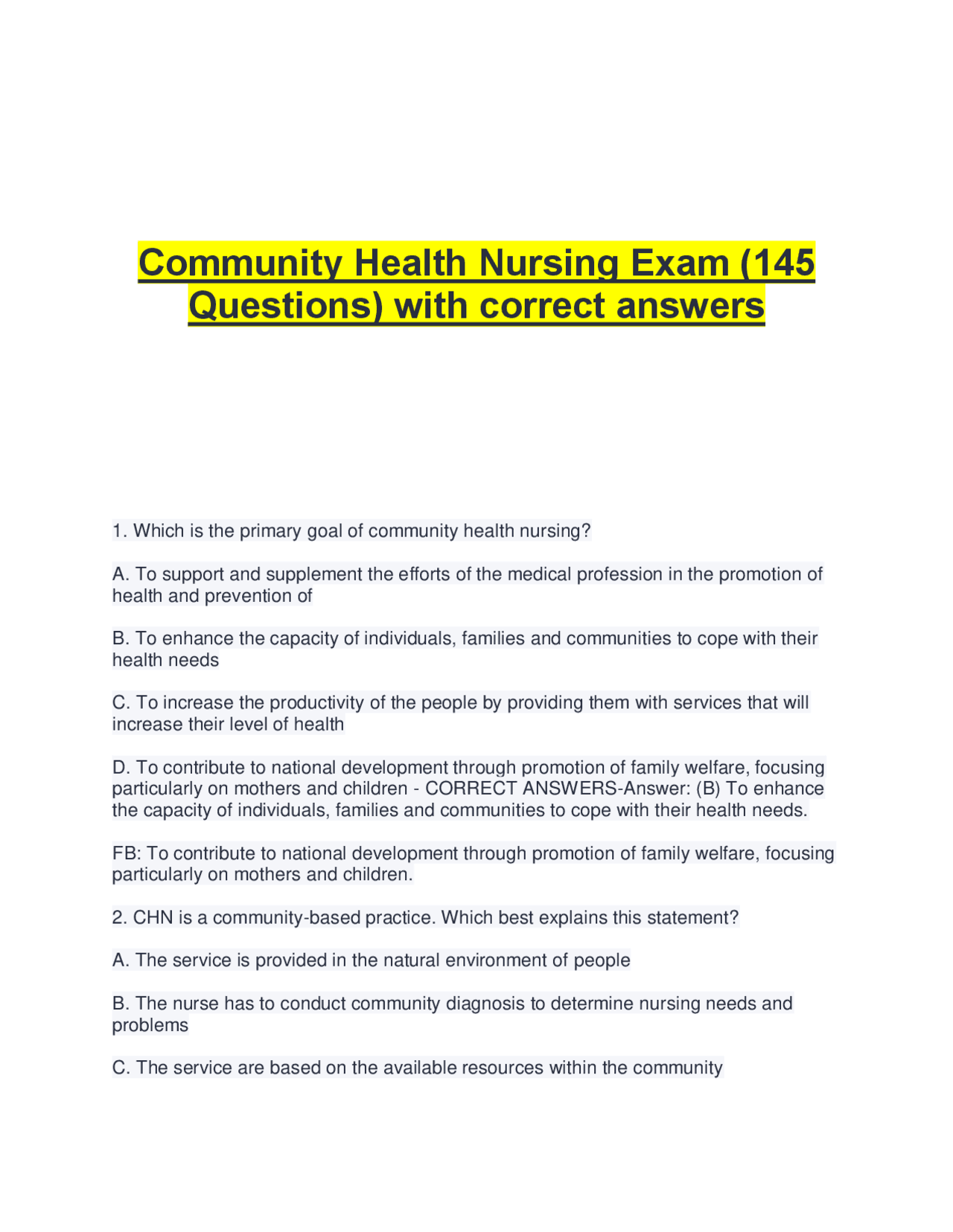 Community Health Nursing Exam (145_ Questions) with correct answers ...