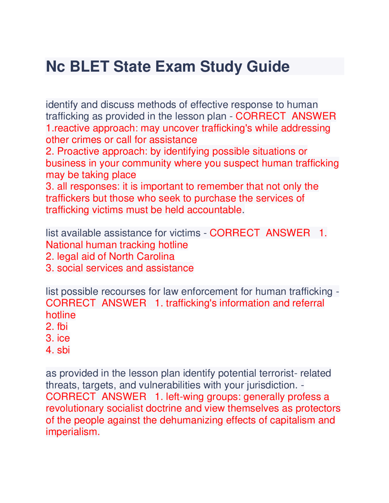 Nc BLET State Exam Study Guide: Terrorism, Human Trafficking, and Law ...