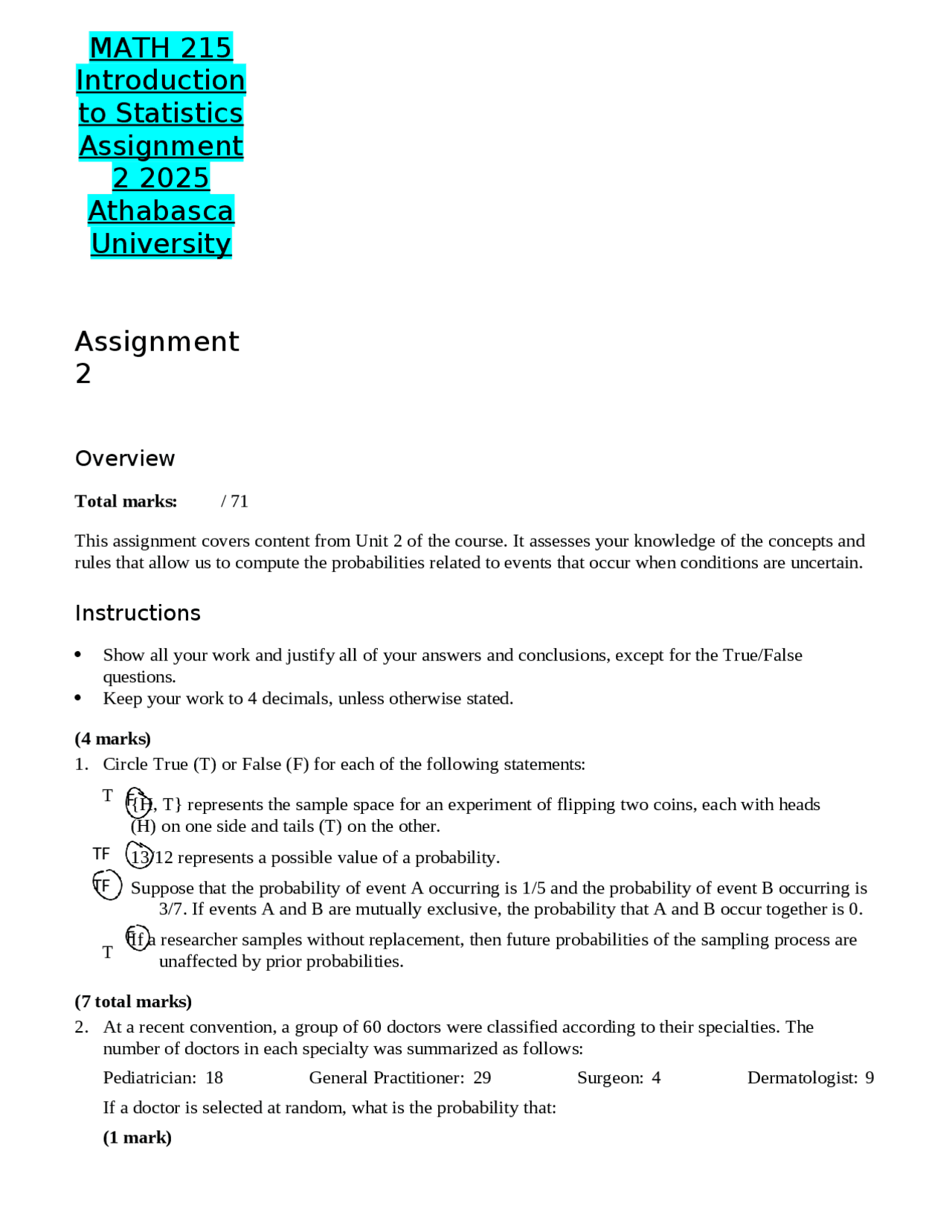 MATH 215 Introduction to Statistics Assignment 2 2025 Athabasca University | Exams Advanced ...