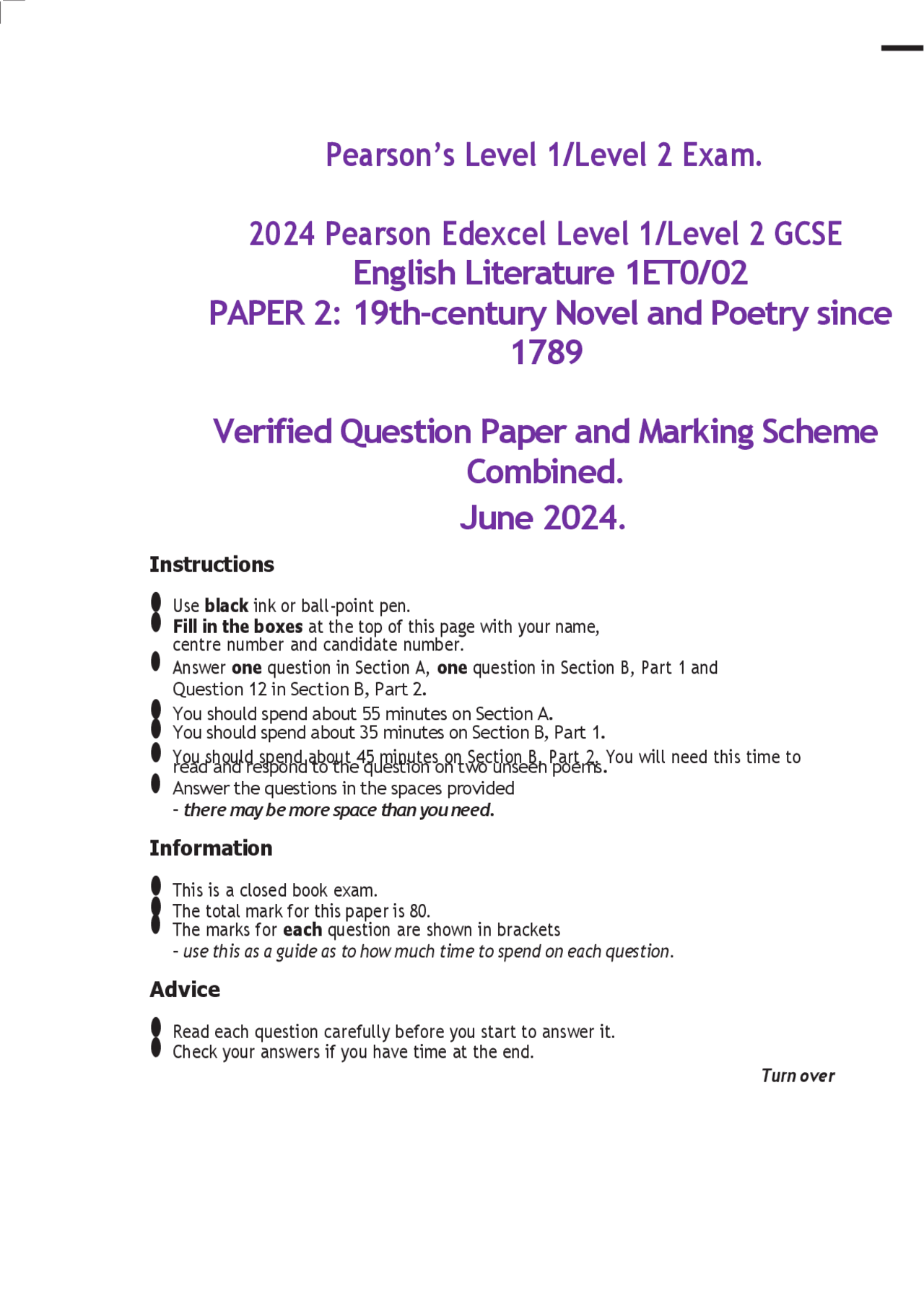 2024 Pearson Edexcel Level 1/Level 2 GCSE English Literature 1ET0/02 ...