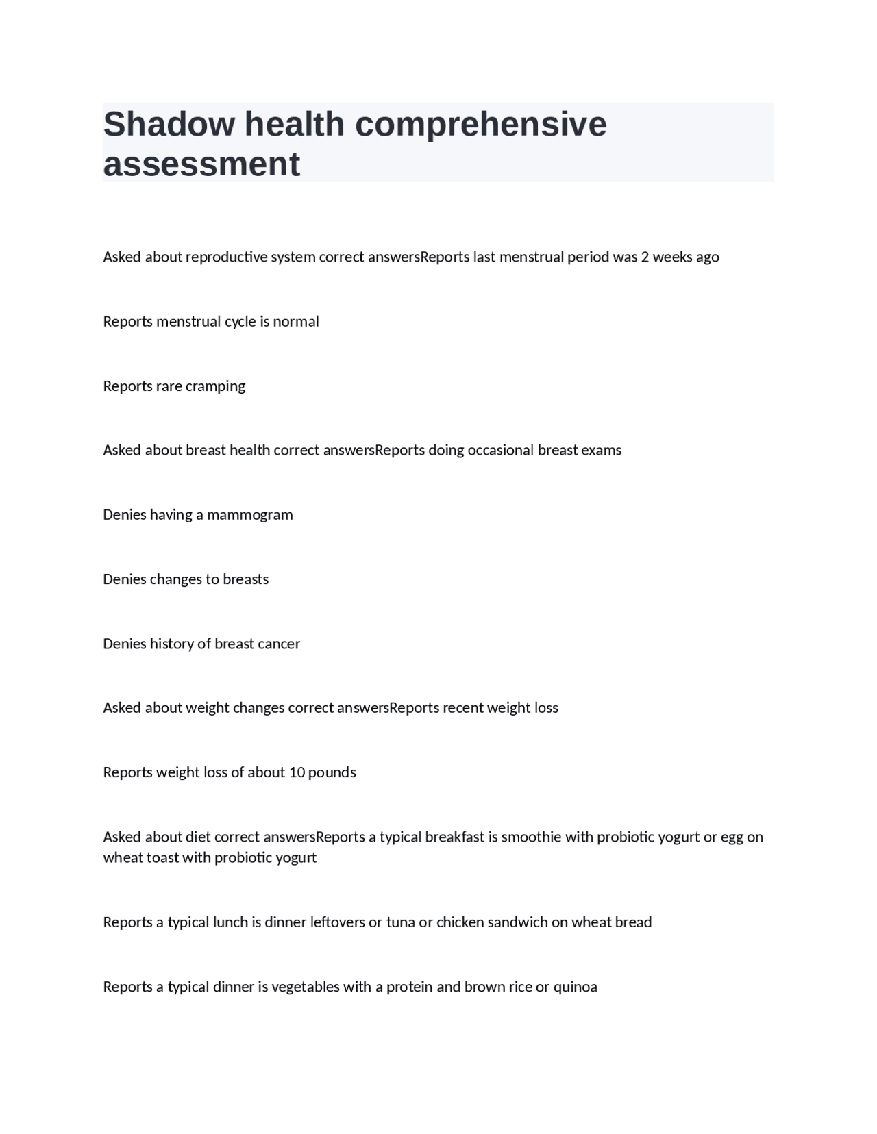 Shadow health comprehensive assessment Exam | Exams Nursing | Docsity