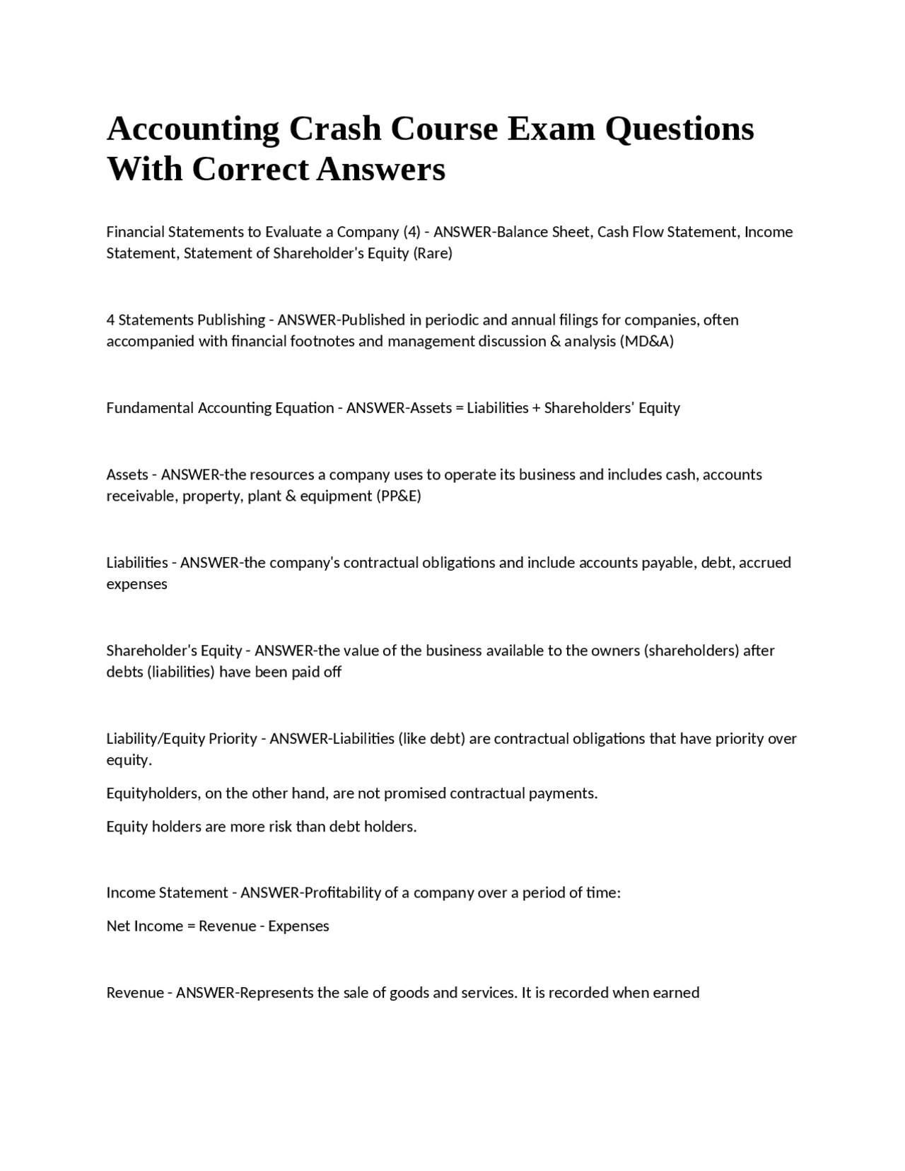 Accounting Crash Course Exam Questions with Correct Answers | Exams ...
