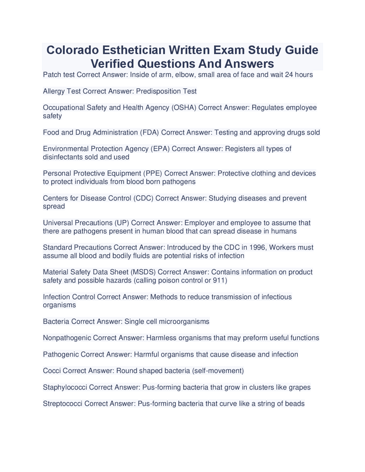 Colorado Esthetician Written Exam Study Guide: Verified Questions and ...