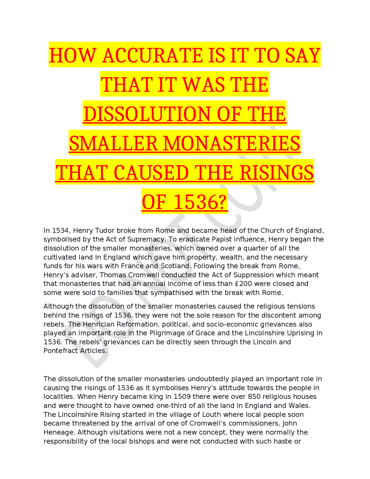 The Dissolution of Monasteries and the Risings of 1536: A Historical ...