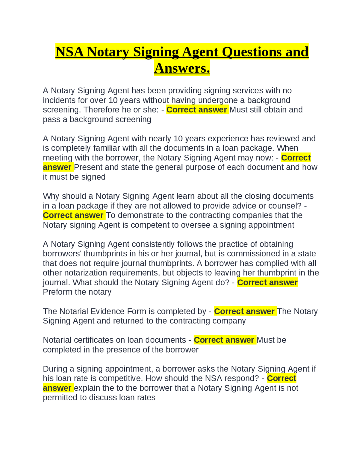NSA Notary Signing Agent Questions and Answers. | Exams Constitutional ...