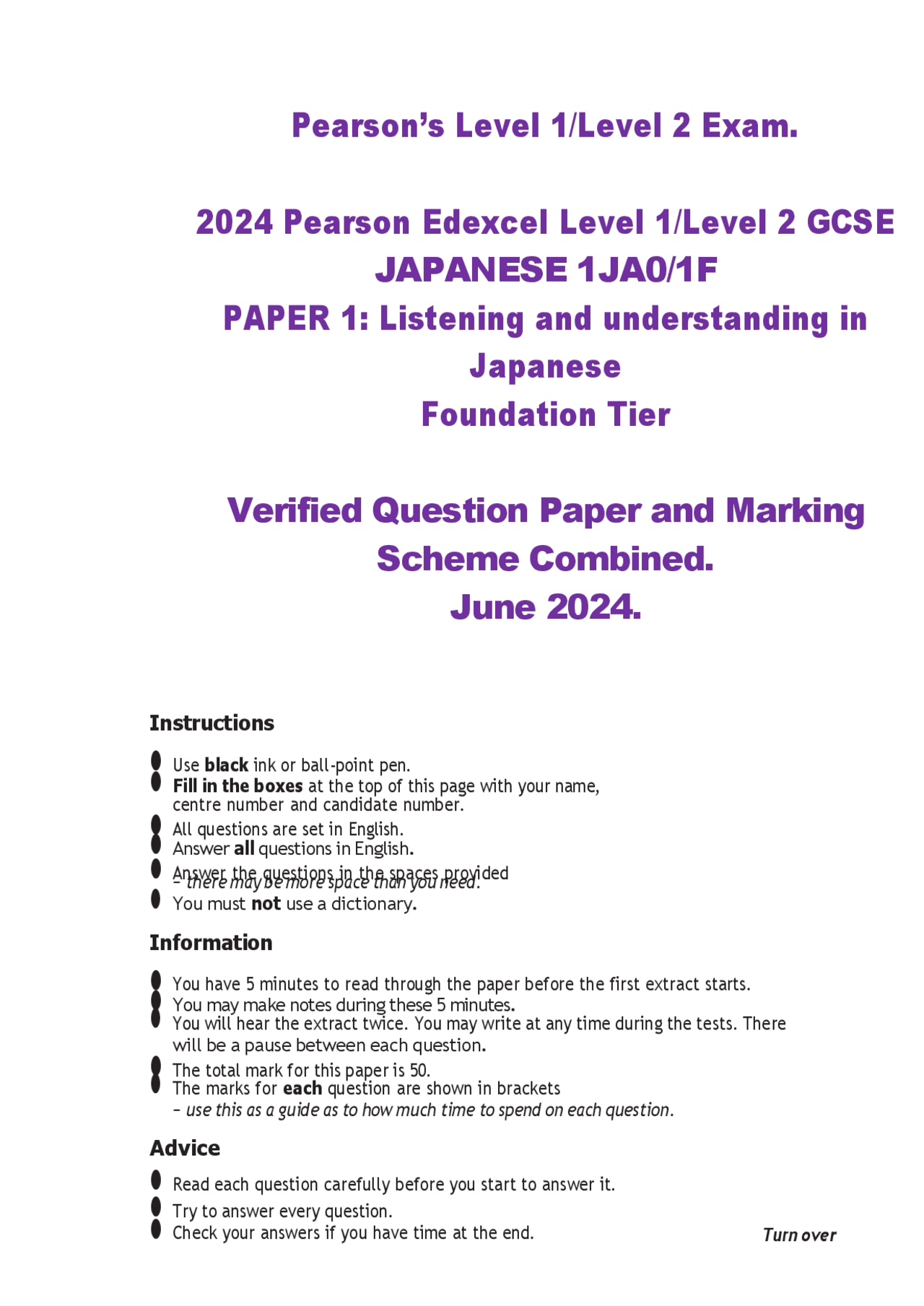 2024 Pearson Edexcel Level 1/Level 2 GCSE JAPANESE 1JA0/1F PAPER 1 ...