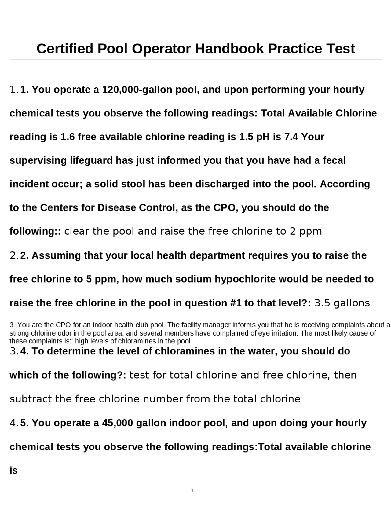 Certified Pool Operator Handbook Practice Test: Questions and Answers ...