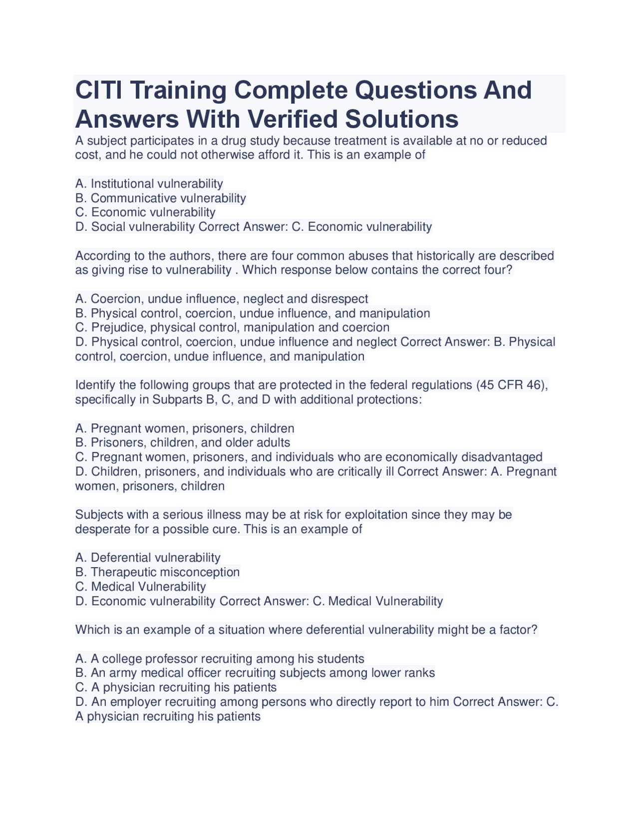 CITI Training Complete Questions And Answers With Verified Solutions ...
