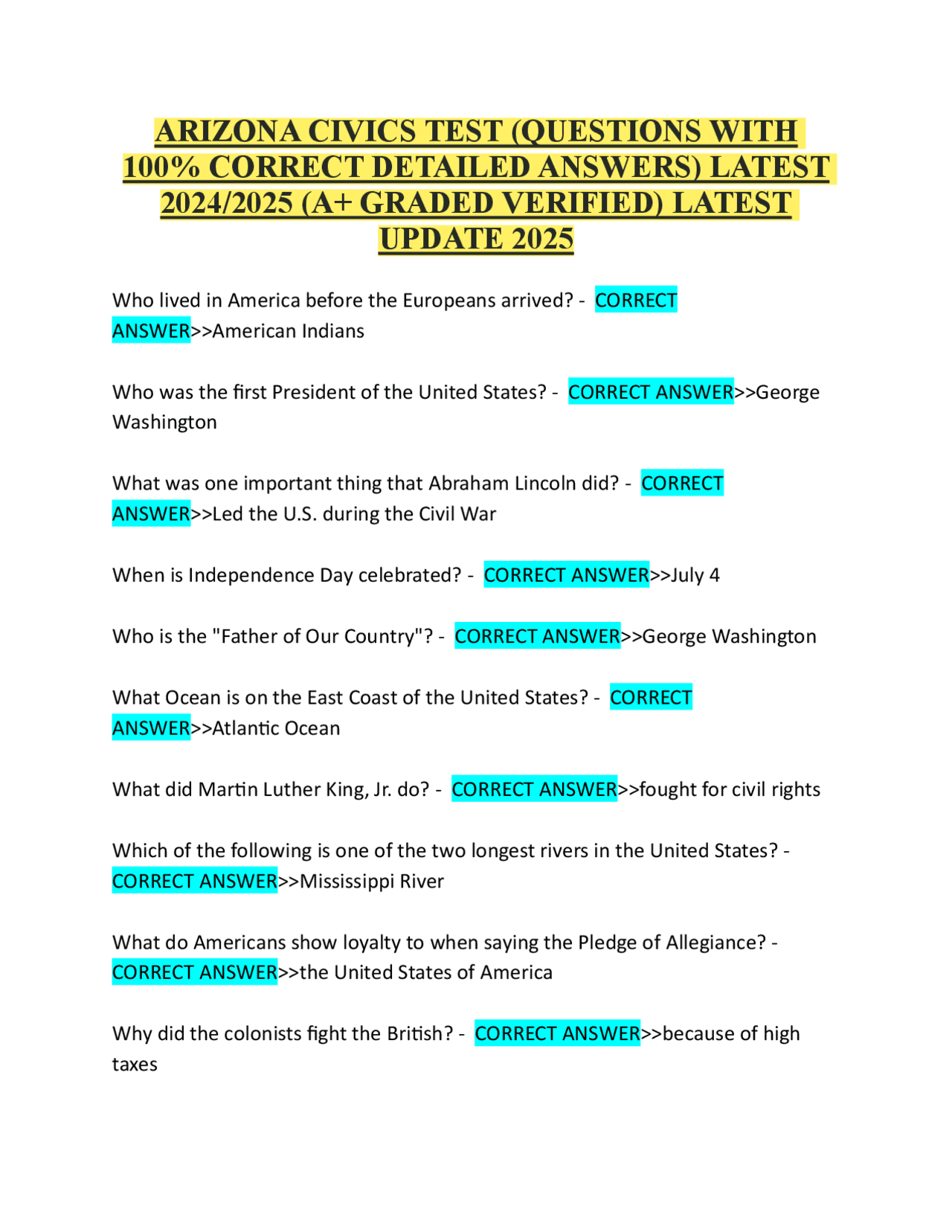 ARIZONA CIVICS TEST (QUESTIONS WITH 100% CORRECT DETAILED ANSWERS ...