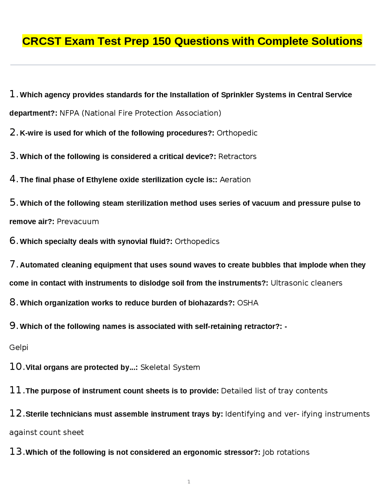 CRCST Exam Test Prep 150 Questions with Complete Solutions | Exams ...