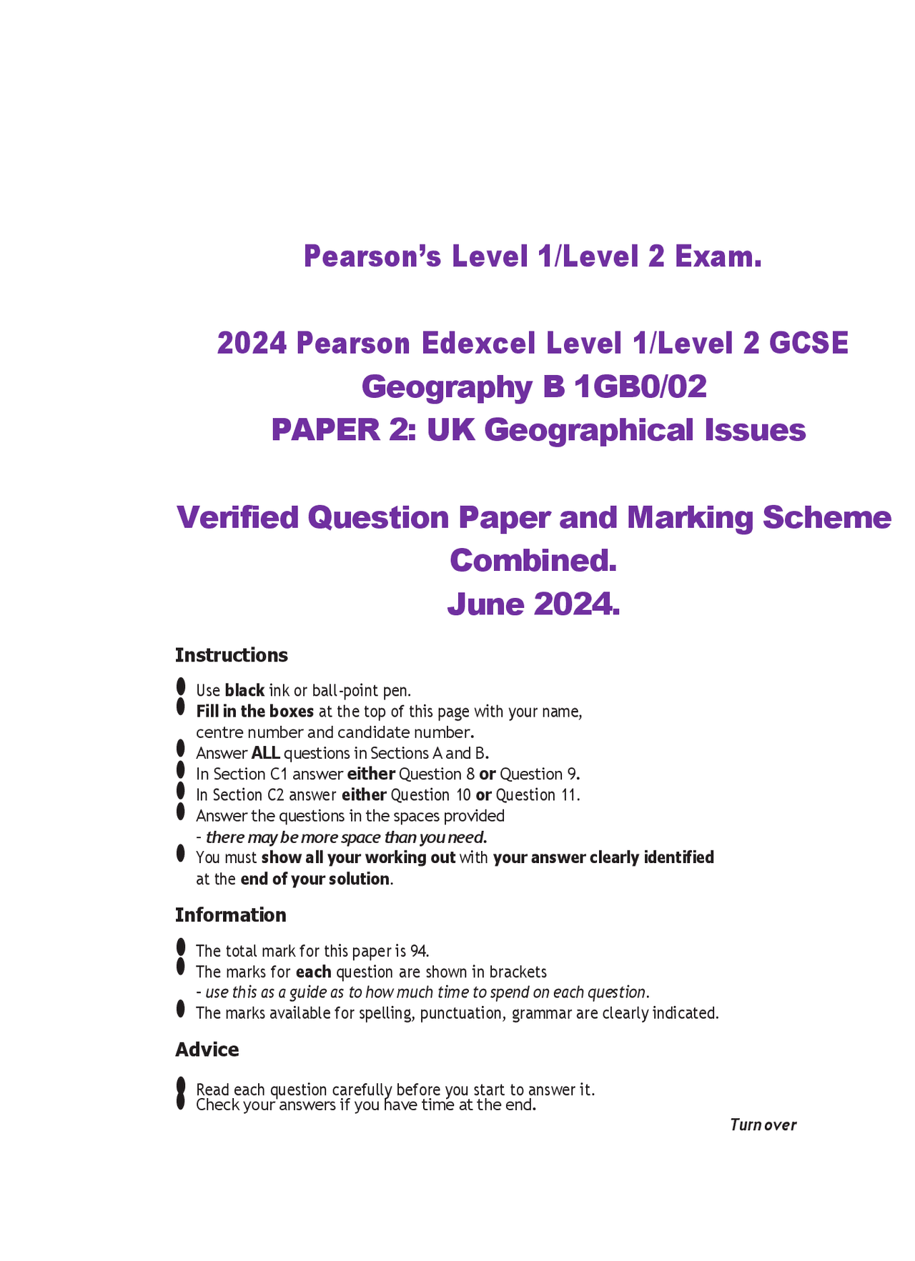 2024 Pearson Edexcel Level 1/Level 2 GCSE Geography B 1GB0/02 PAPER 2 ...