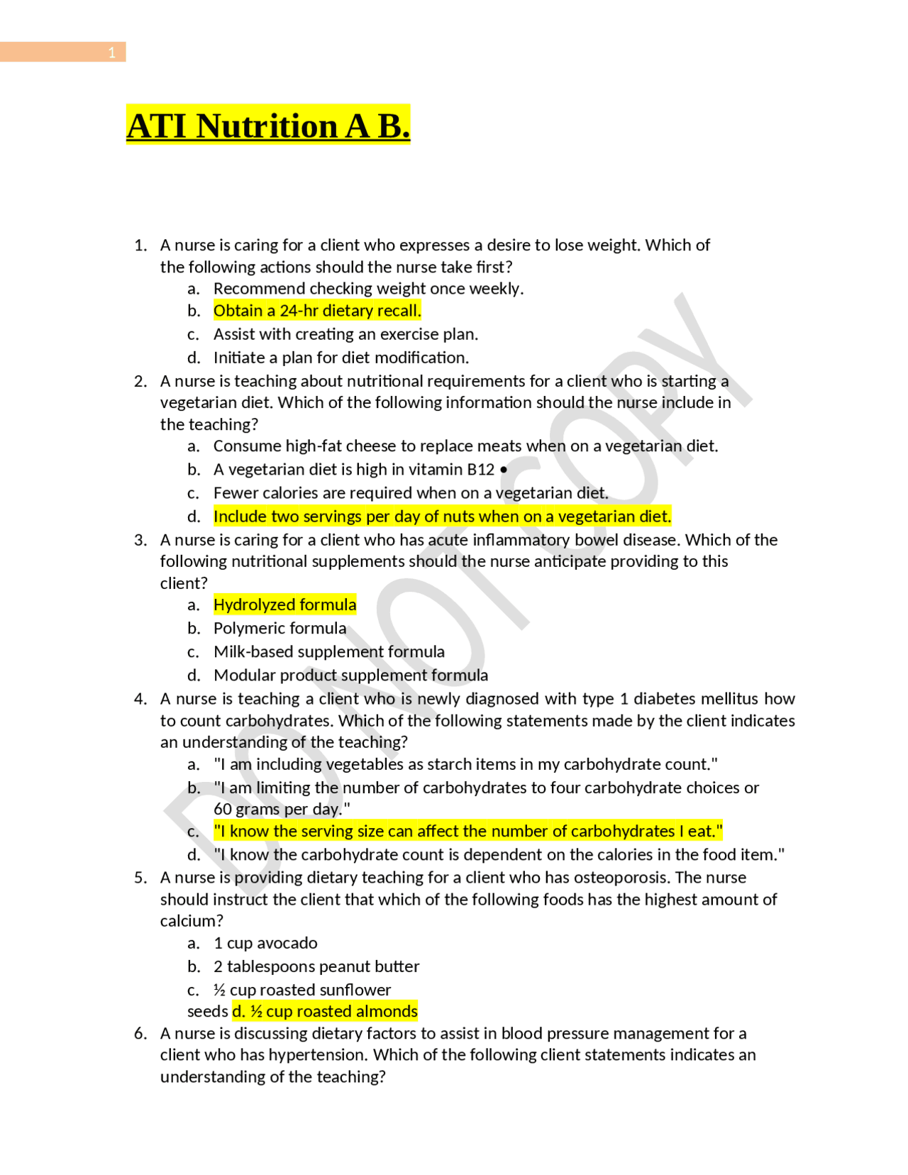 ATI Nutrition A B: Multiple Choice Questions for Nursing Students ...
