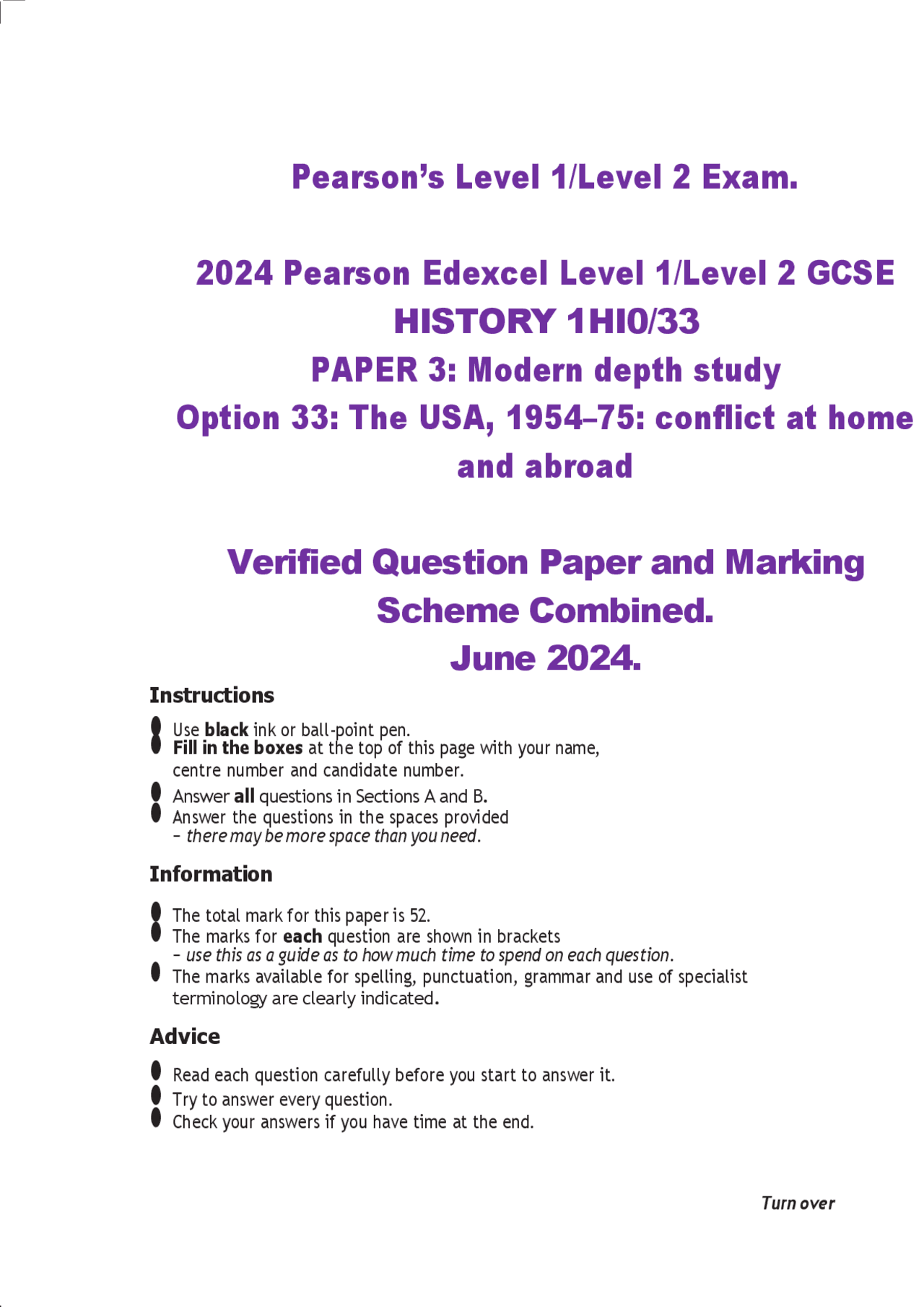 2024 Pearson Edexcel Level 1/Level 2 GCSE HISTORY 1HI0/33 PAPER 3 ...