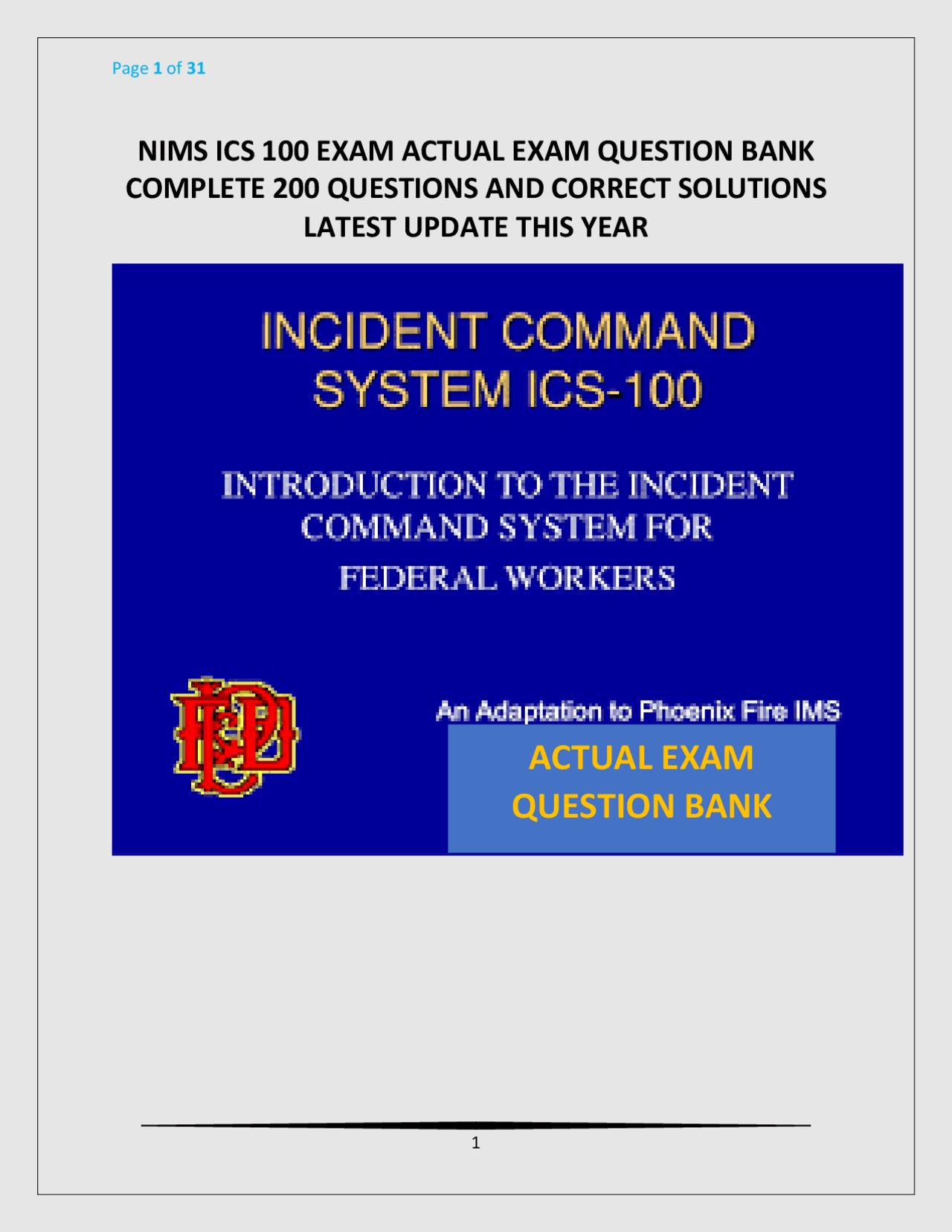NIMS ICS 100 Exam Actual Exam Question Bank: Complete 200 Questions and ...