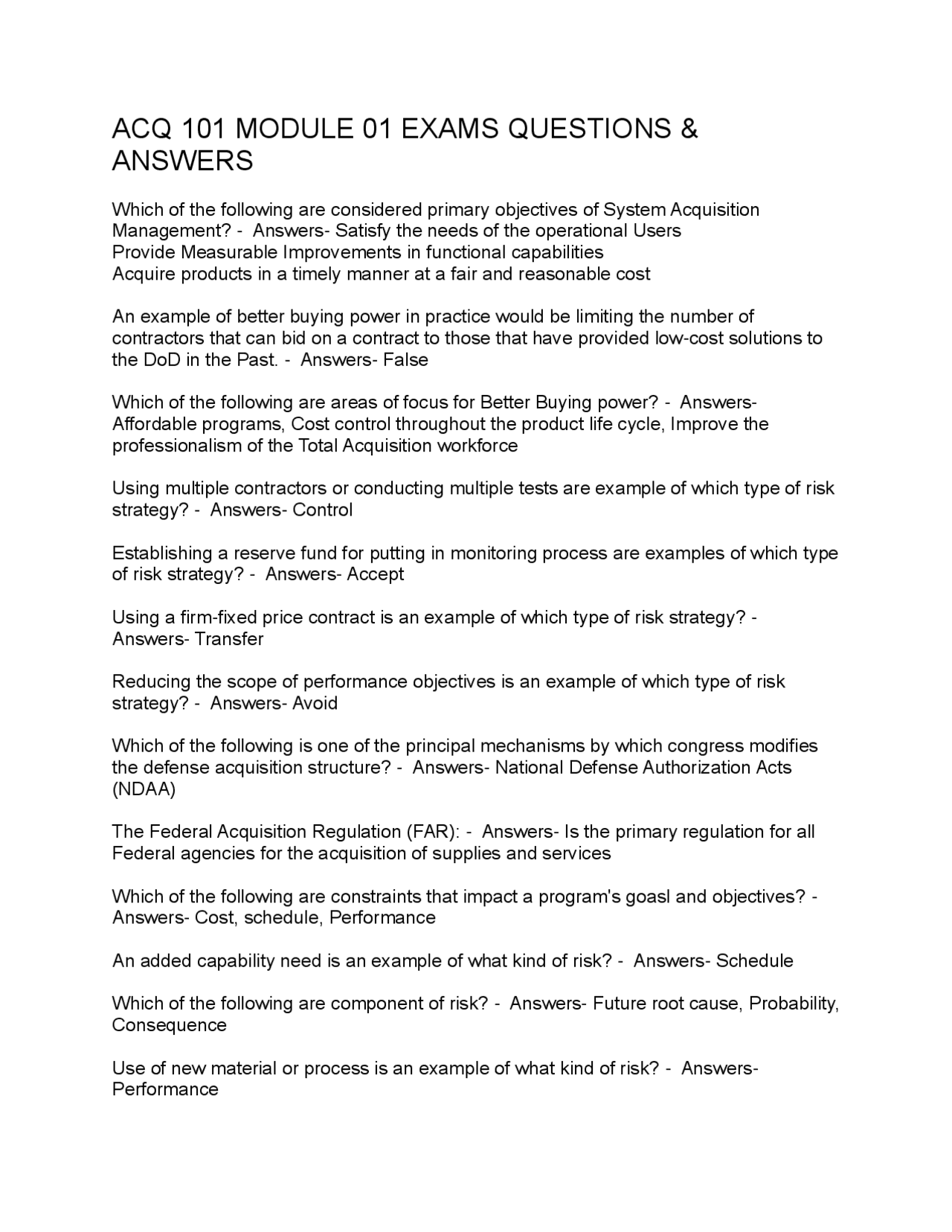 ACQ 101 Module 01 Exams Questions & Answers: System Acquisition ...