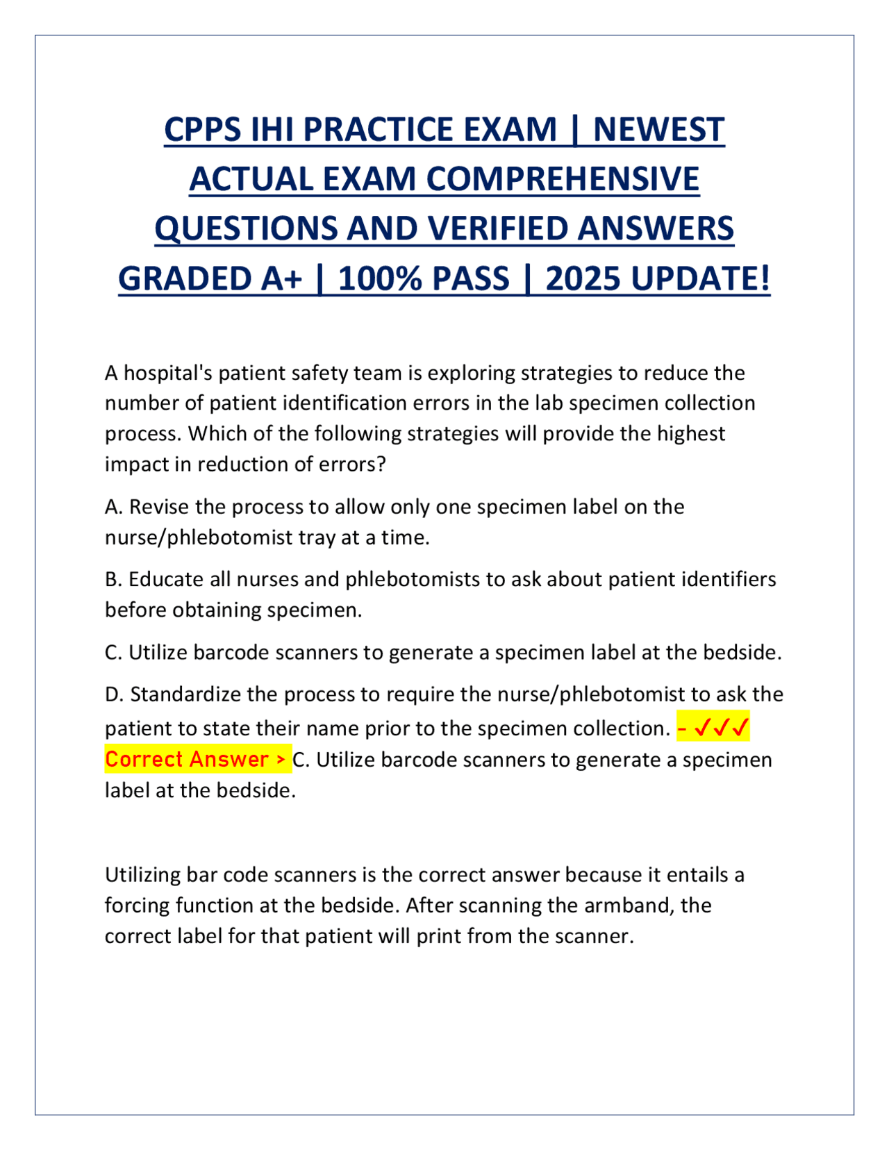CPPS IHI Practice Exam: Patient Safety Questions & Answers | Quizzes Nursing | Docsity