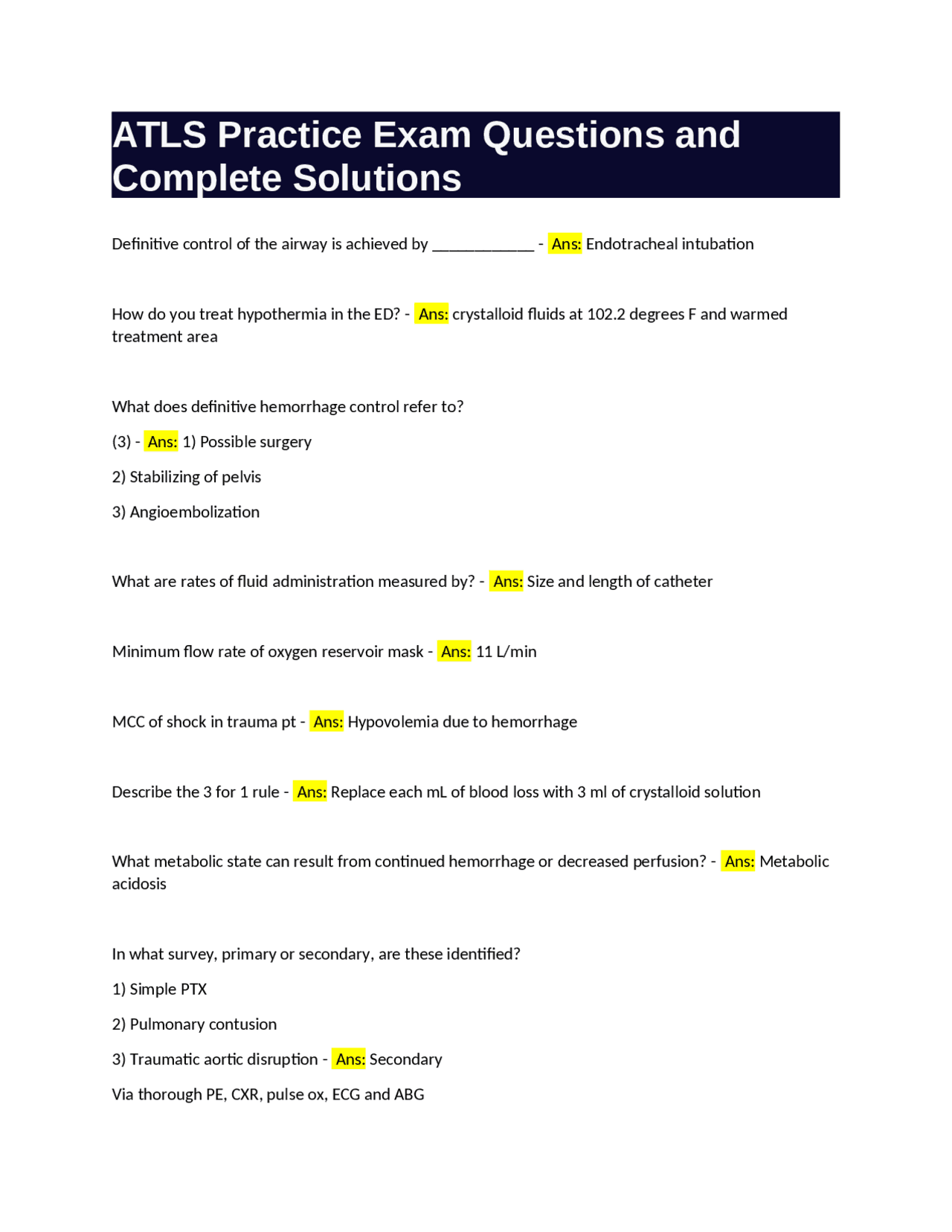 ATLS Practice Exam Questions and Complete Solutions | Exams Nursing ...