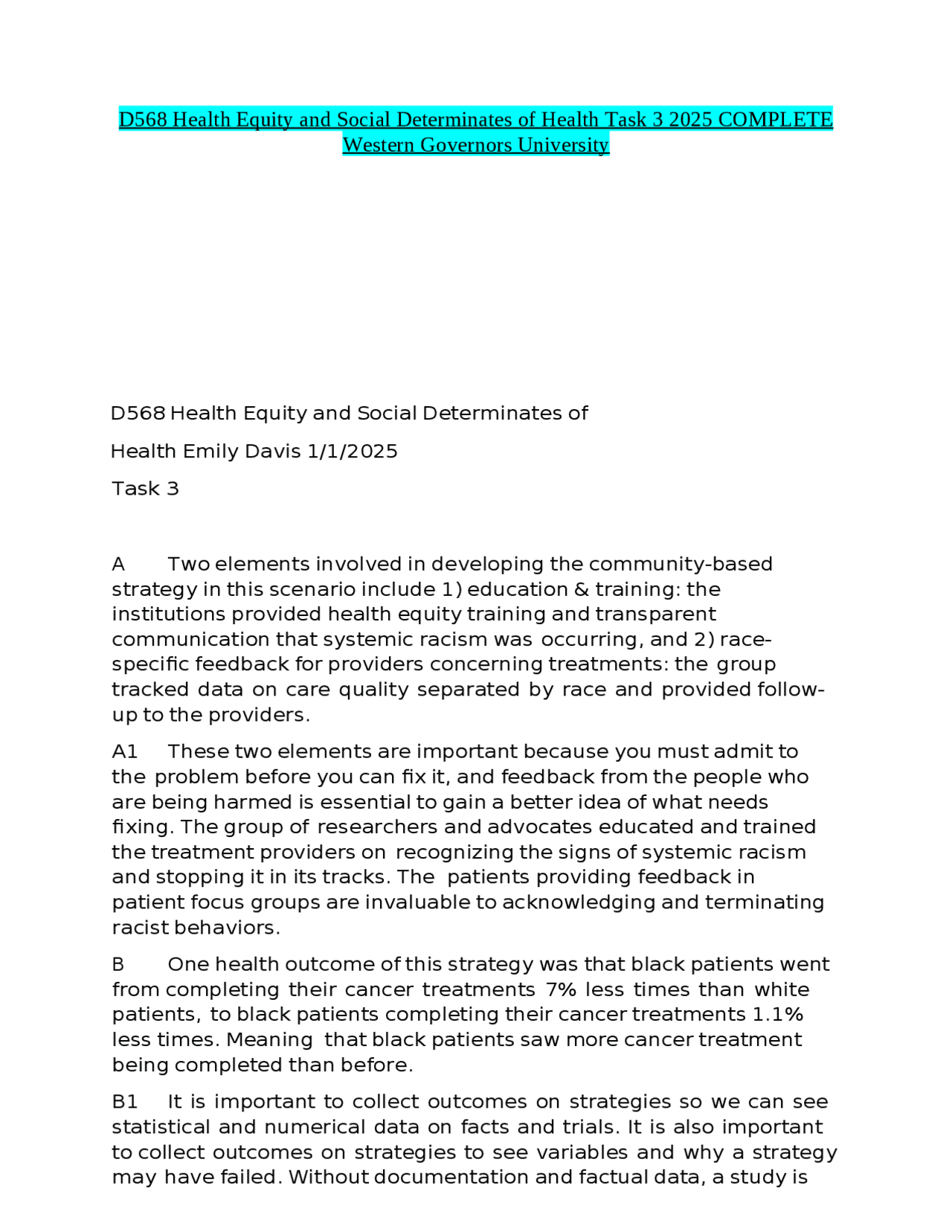 D568 Health Equity and Social Determinates of Health Task 3 2025 ...