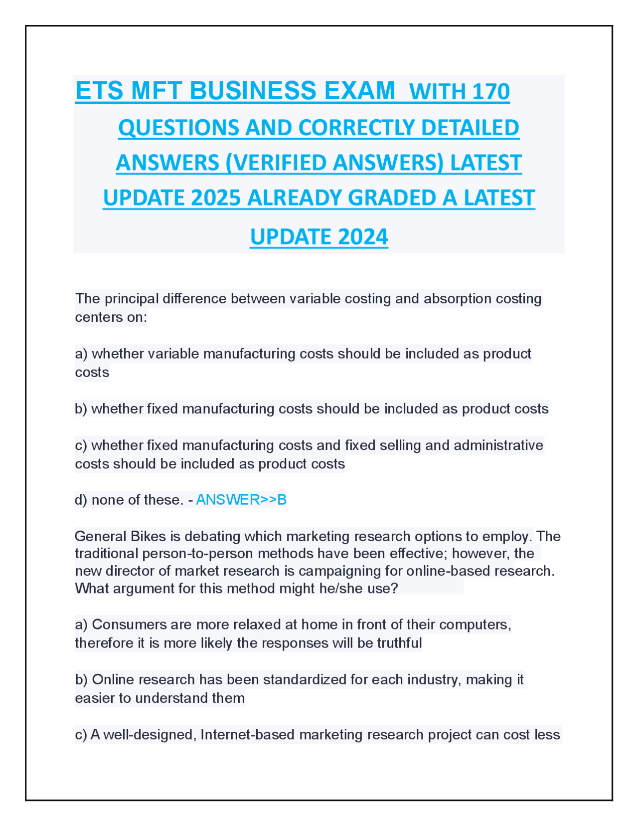 ETS MFT Business Exam: Multiple Choice Questions and Answers | Exams ...