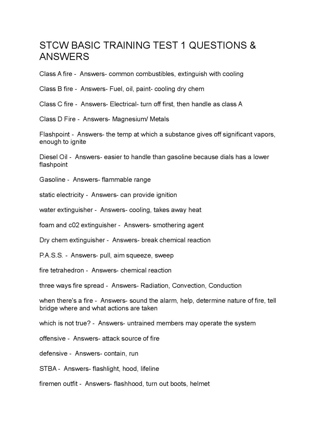 STCW Basic Training Test 1: Fire Safety Questions and Answers | Exams ...