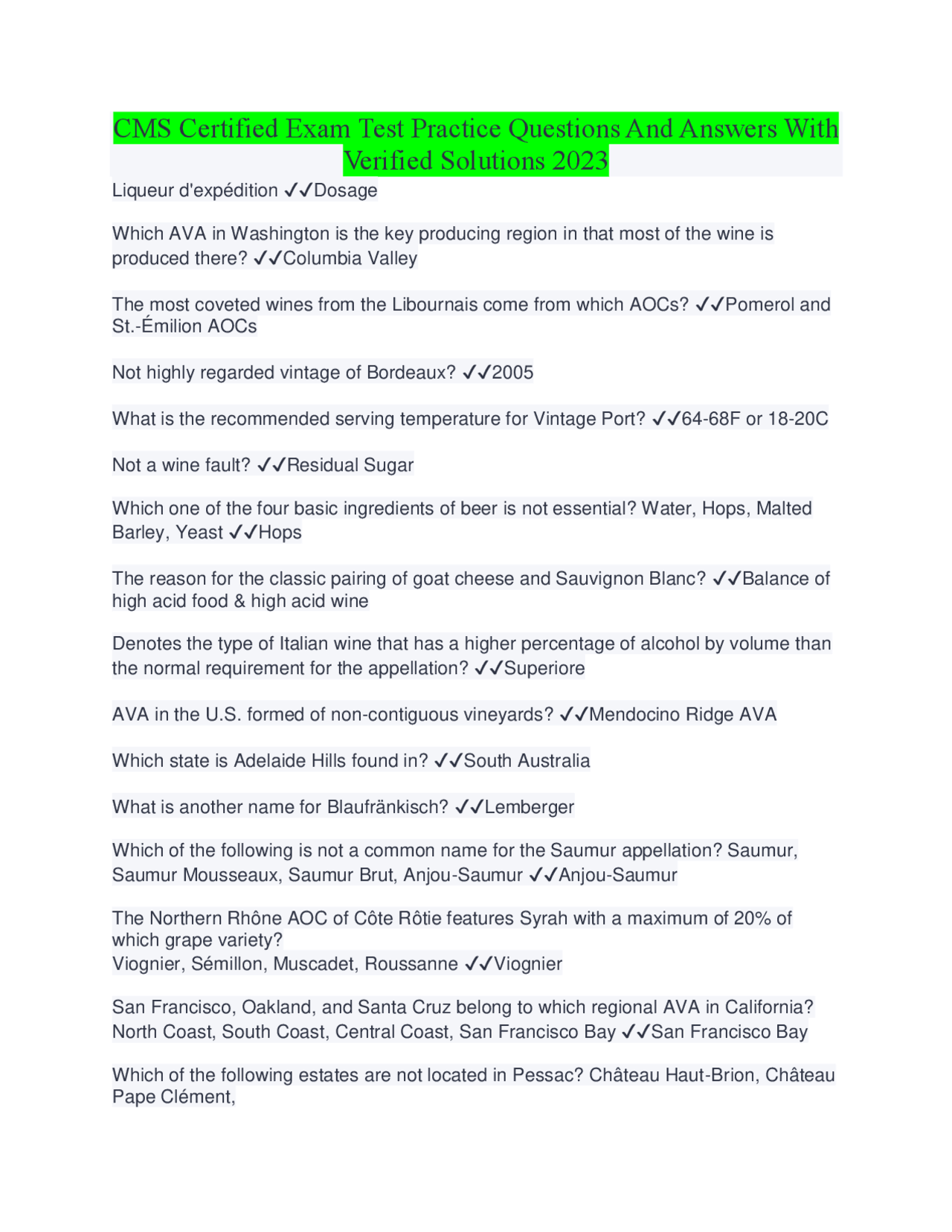CMS Certified Exam Test Practice Questions And Answers: Wine Knowledge ...