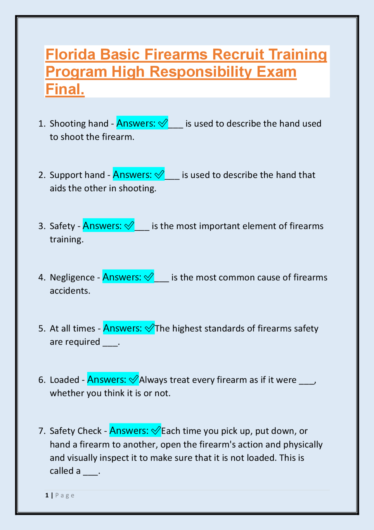 Florida Basic Firearms Recruit Training Program High Responsibility Exam | Exams Securities ...