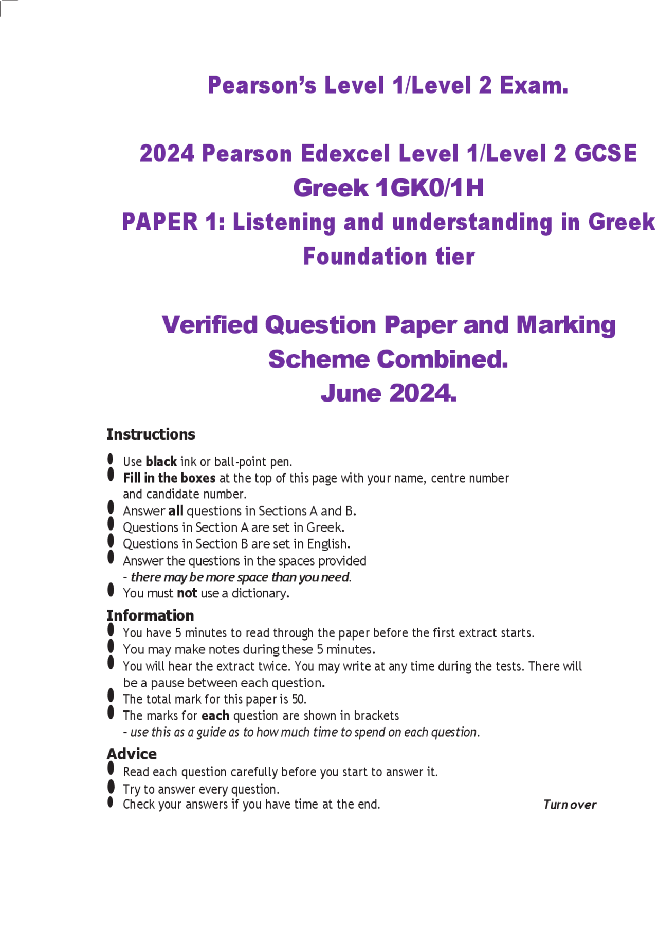 2024 Pearson Edexcel Level 1/Level 2 GCSE Greek 1GK0/1H PAPER 1 ...