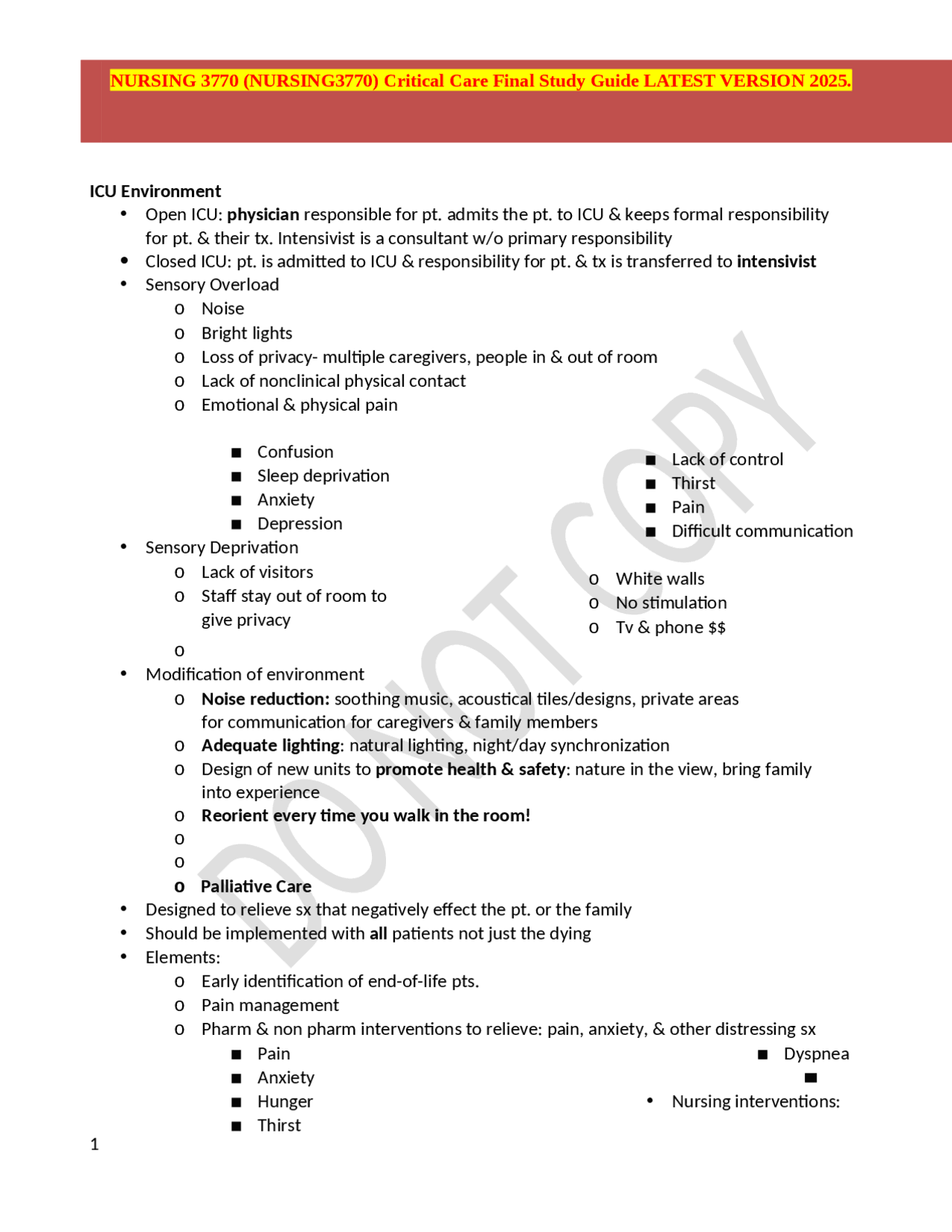Critical Care Nursing: A Comprehensive Study Guide for NURSING 3770 ...