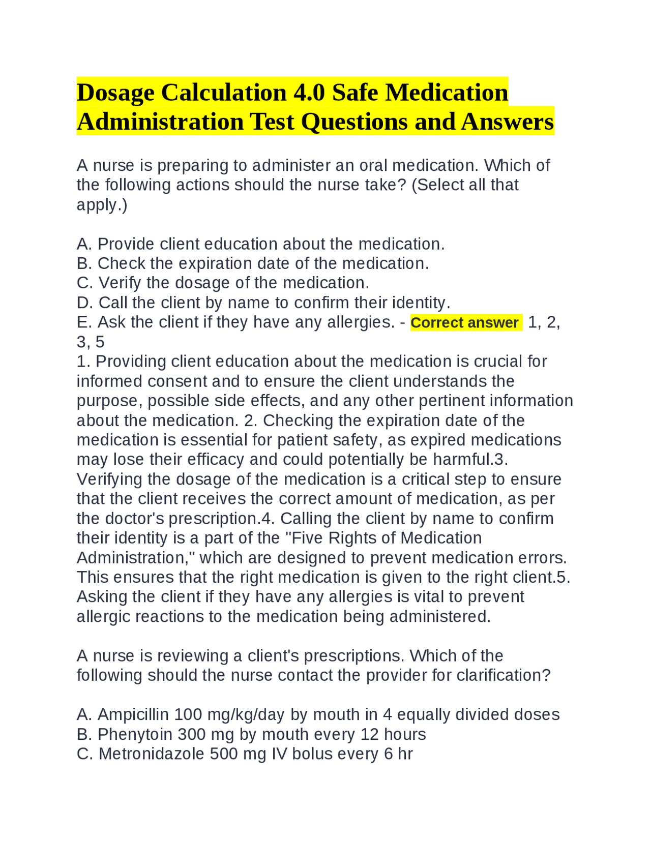Medication Administration Test Questions And Answers