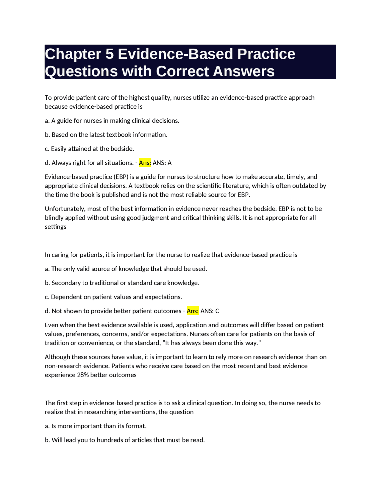 Evidence-Based Practice: Multiple Choice Questions and Answers | Exams ...
