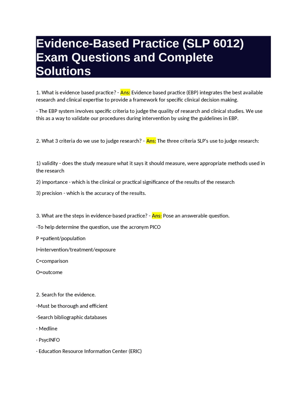 Evidence-Based Practice in Speech-Language Pathology: Exam Questions ...