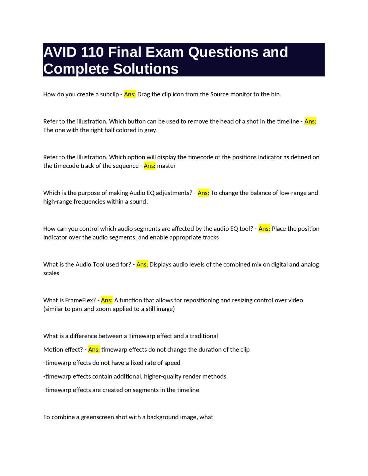 Avid Media Composer Final Exam Questions and Solutions | Exams Nursing ...