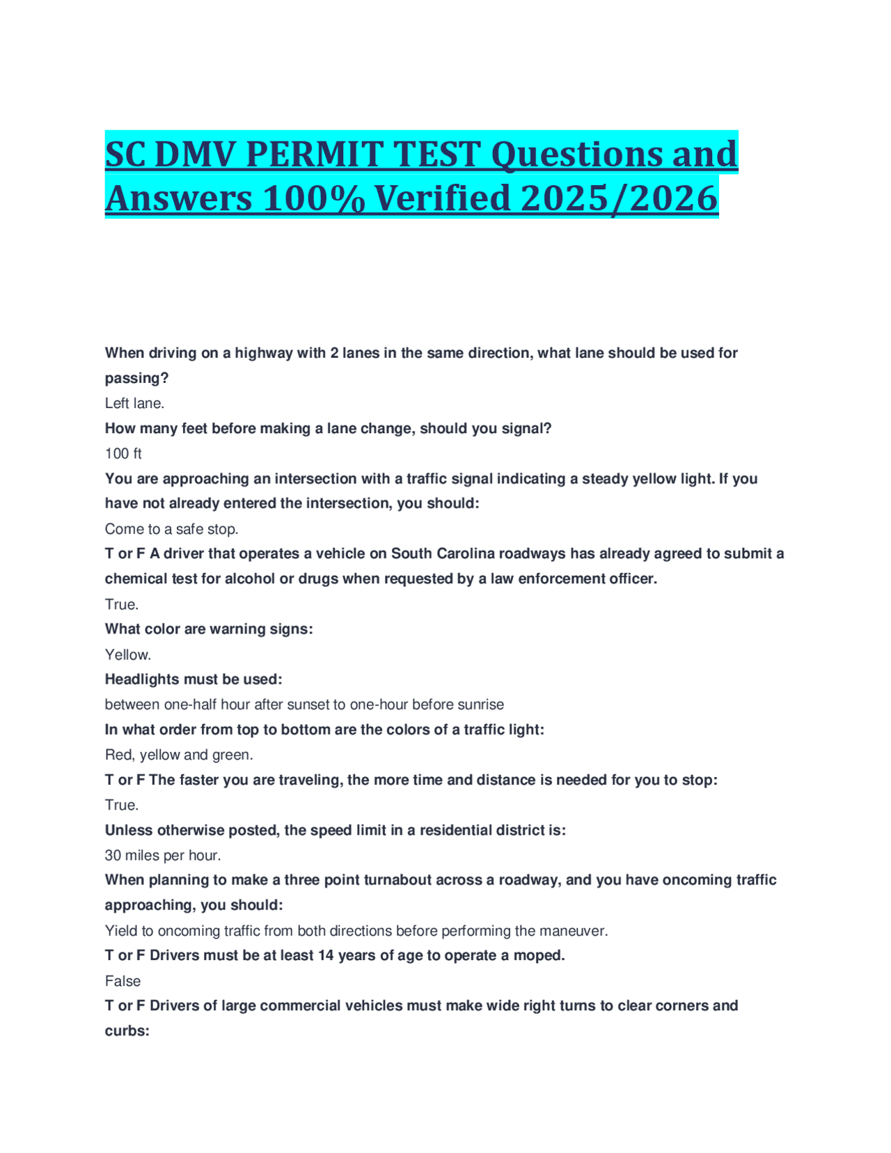 South Carolina DMV Permit Test Questions and Answers | Exams Law | Docsity