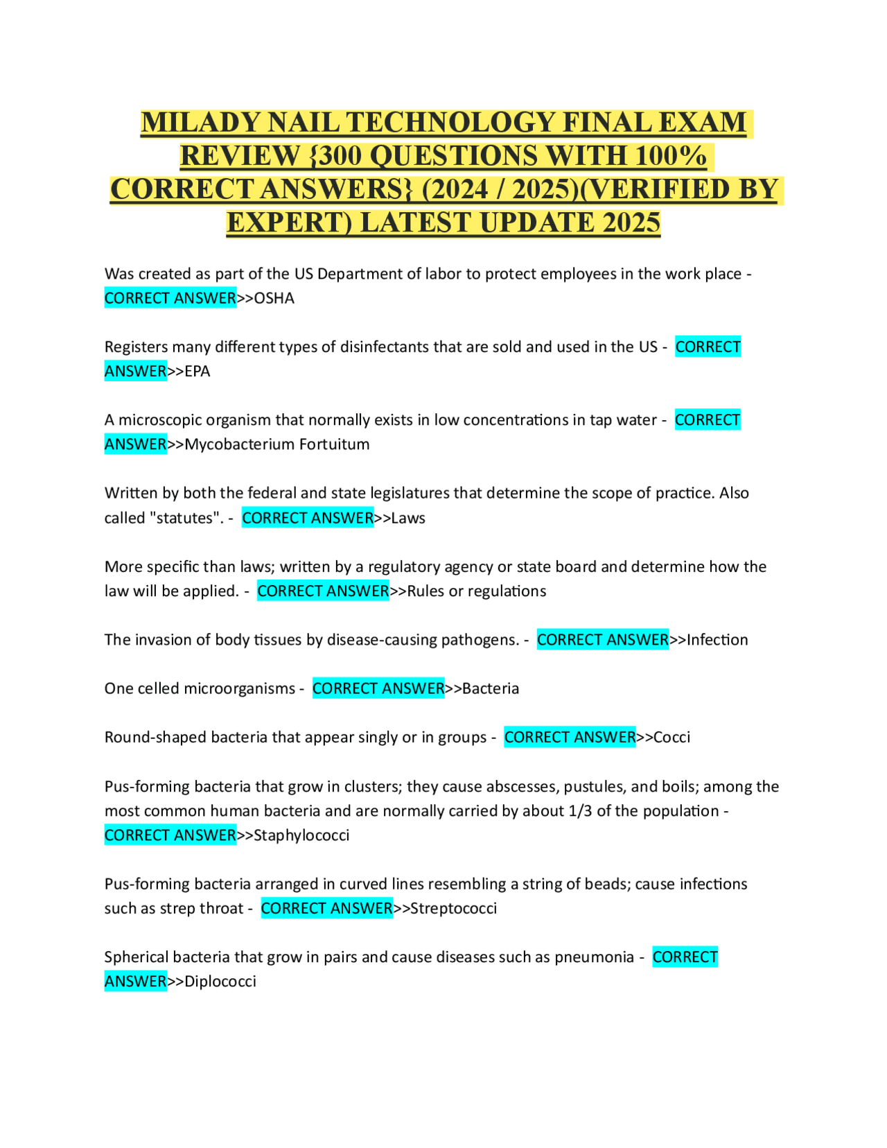 MILADY NAIL TECHNOLOGY FINAL EXAM REVIEW {300 QUESTIONS WITH 100% ...