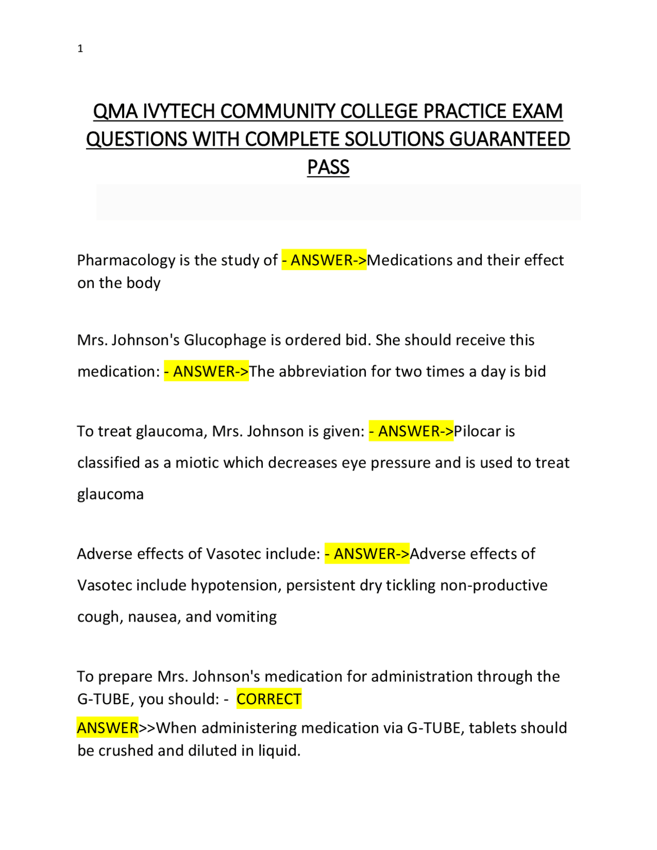 QMA IVYTECH COMMUNITY COLLEGE PRACTICE EXAM: Pharmacology | Exams ...