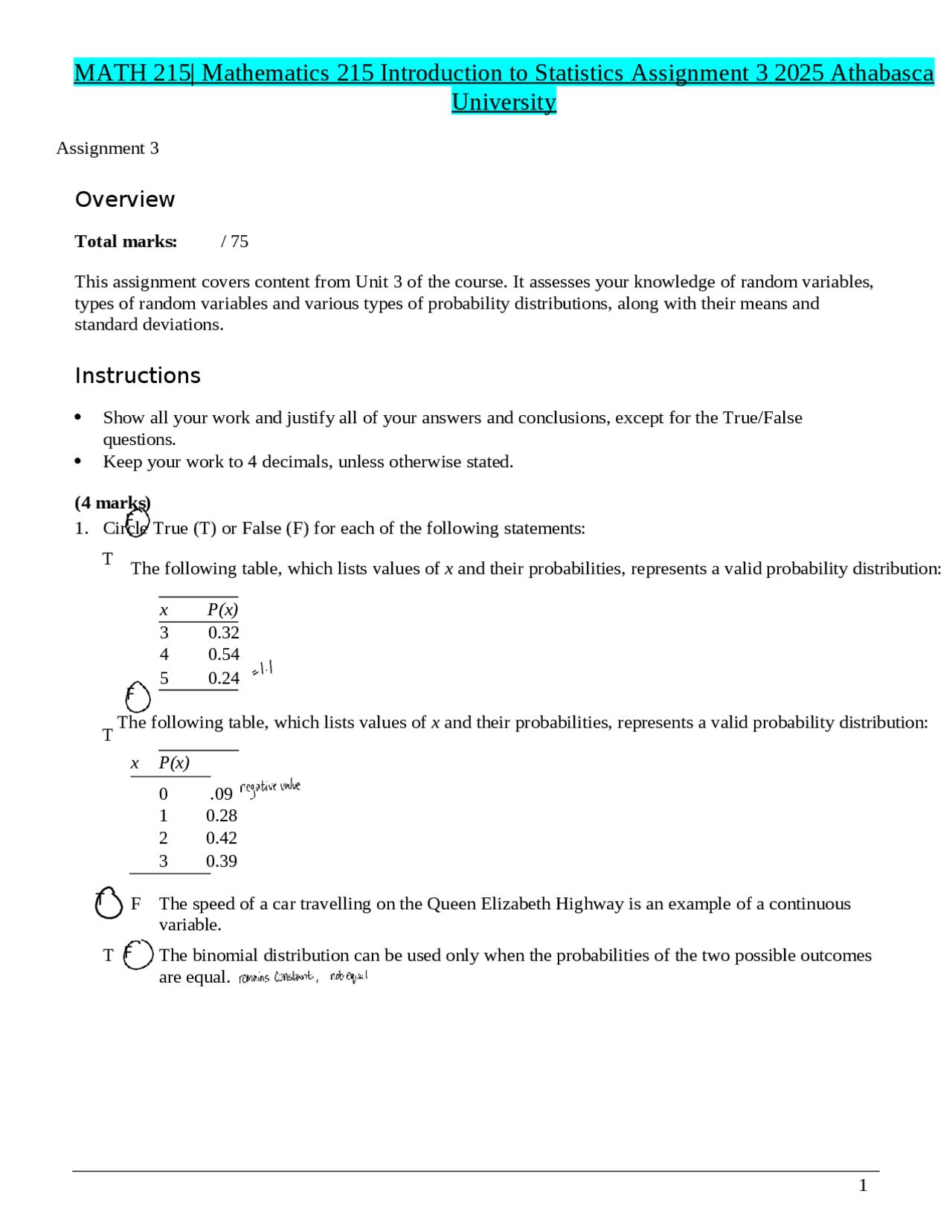 MATH 215 Mathematics 215 Introduction to Statistics Assignment 3 2025 Athabasca University ...