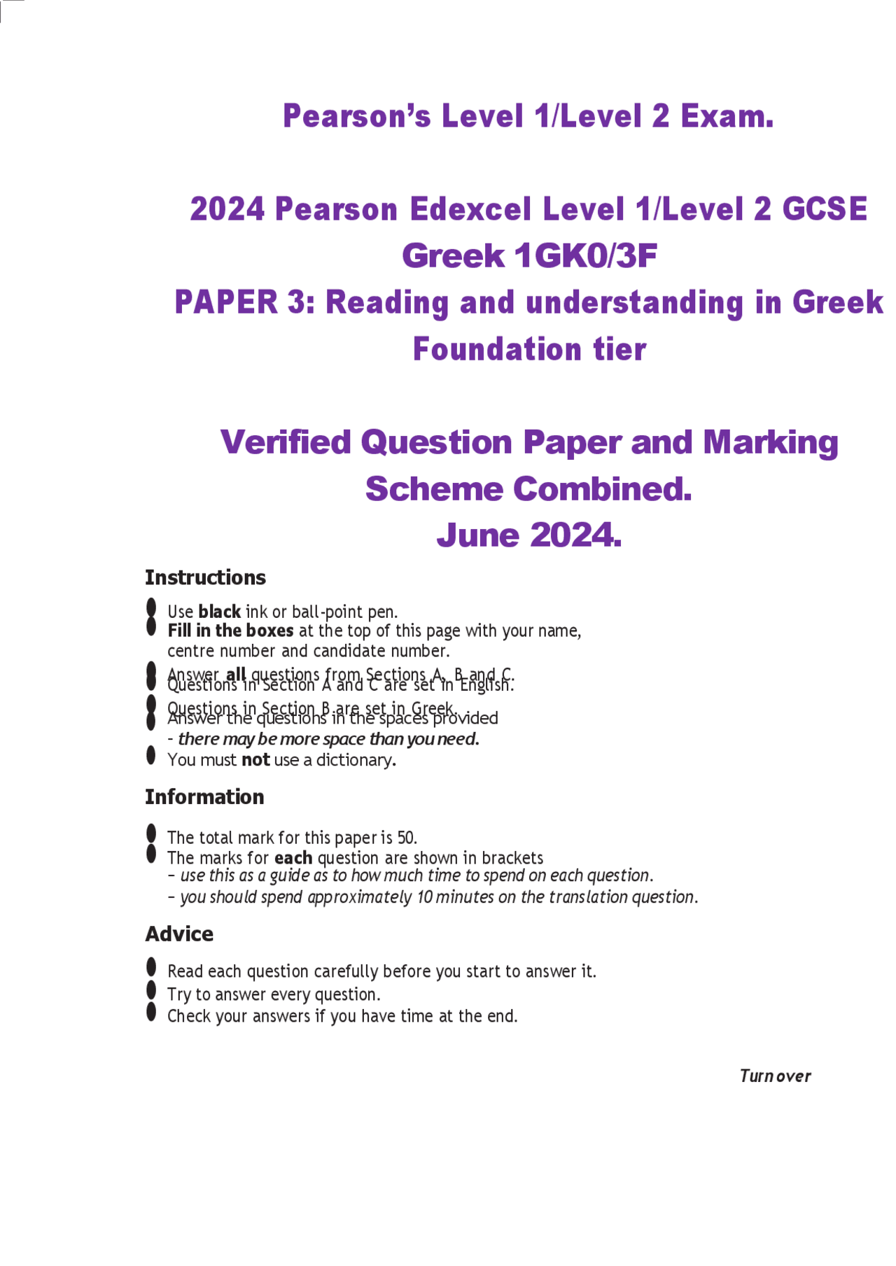 2024 Pearson Edexcel Level 1/Level 2 GCSE Greek 1GK0/3F PAPER 3 ...