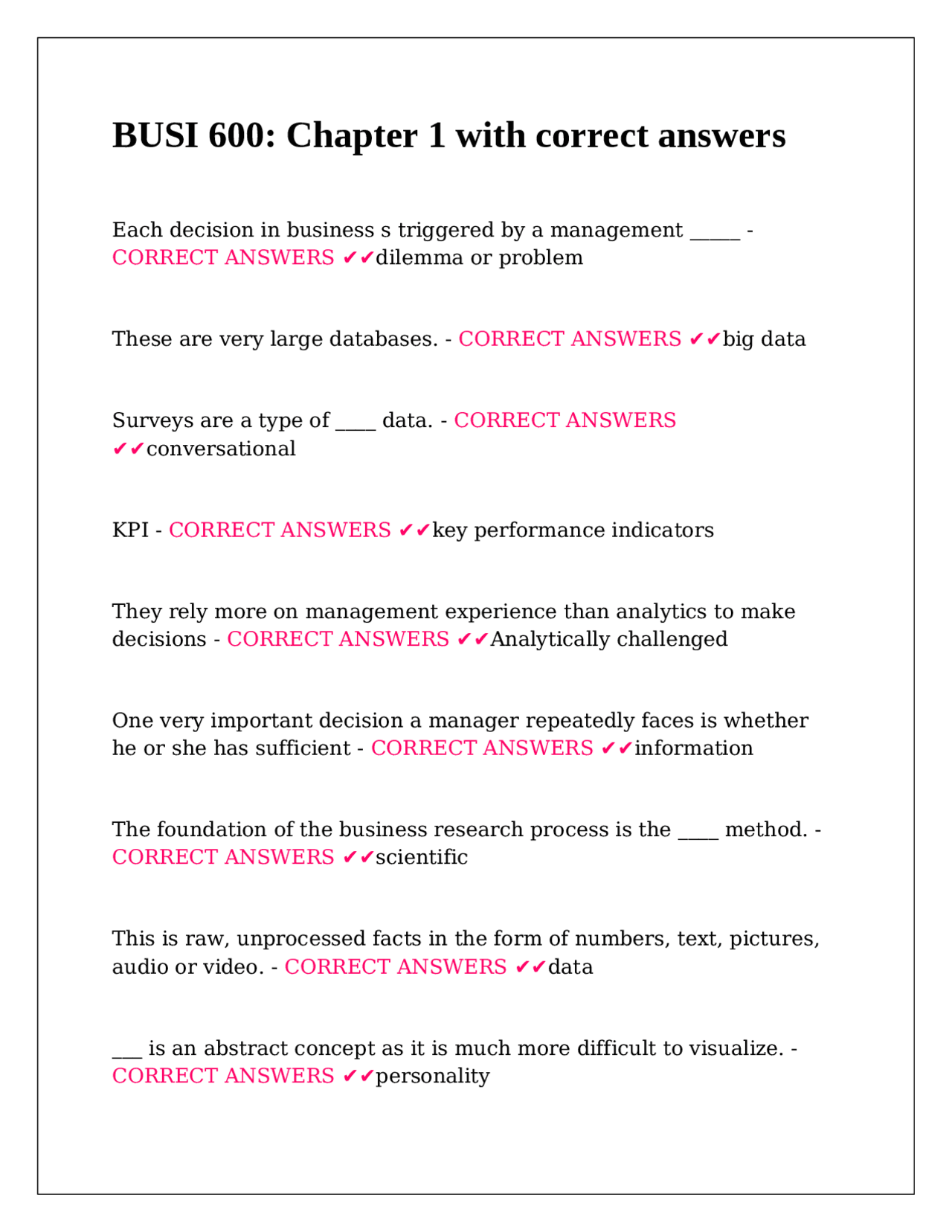 BUSI 600: Chapter 1 - Business Research Concepts and Methods | Exams ...