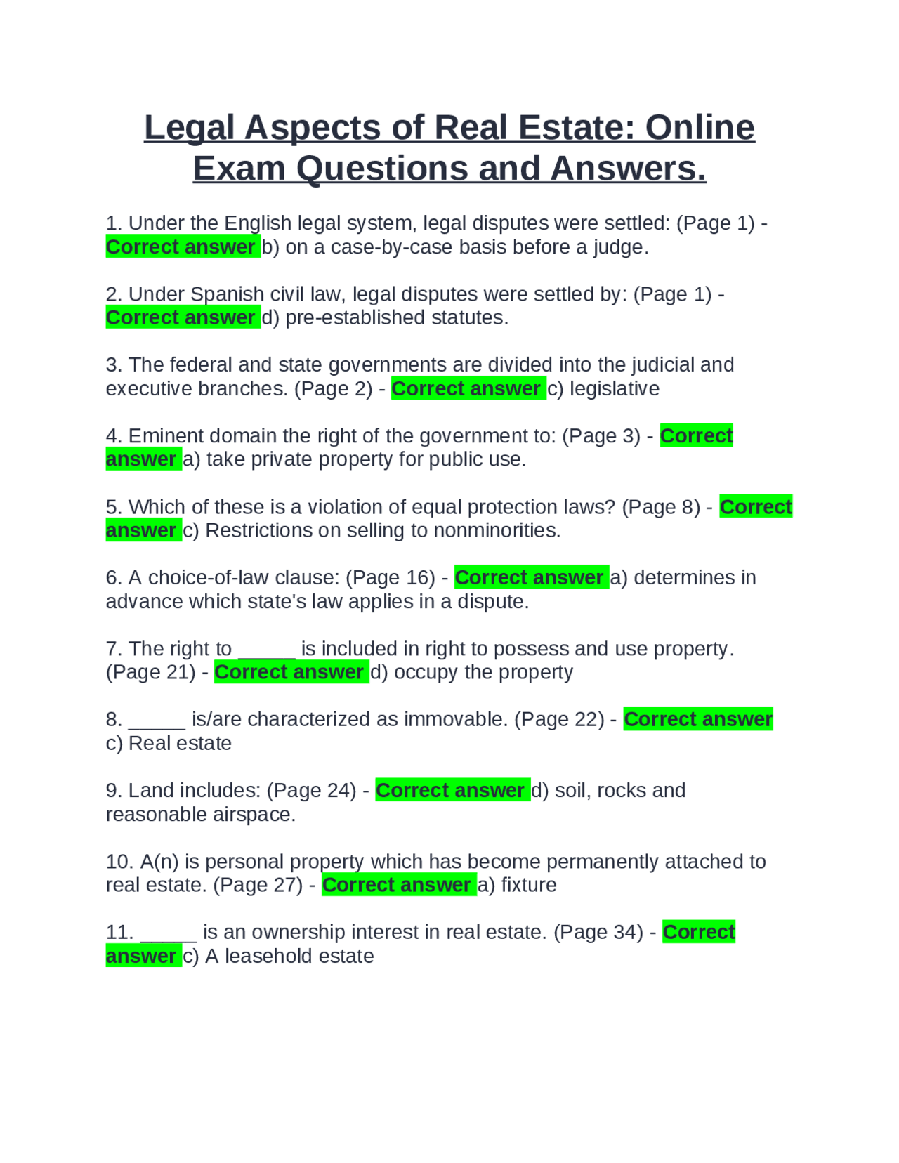 Legal Aspects of Real Estate: Online Exam Questions and Answers | Exams ...