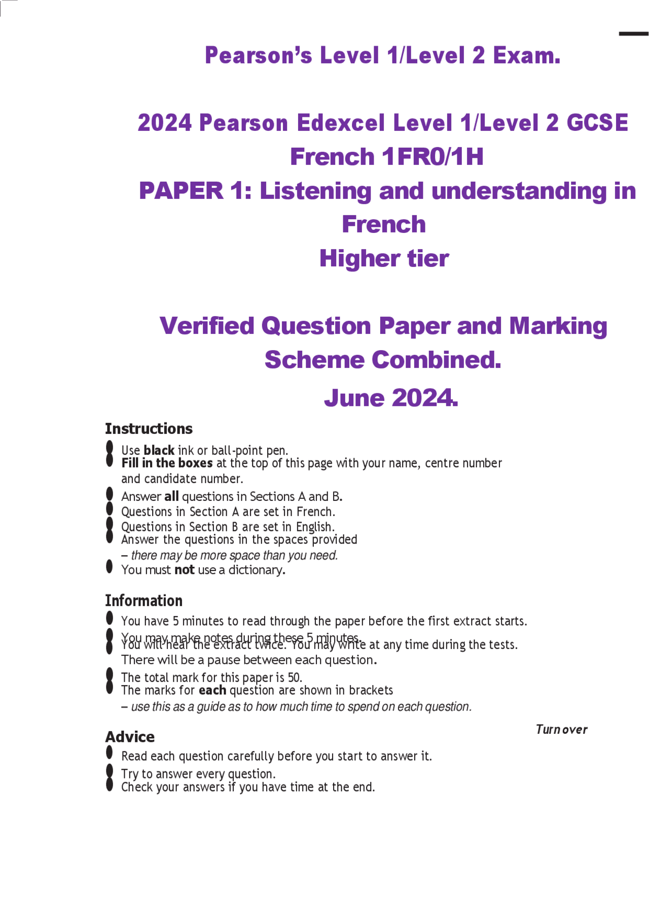 2024 Pearson Edexcel Level 1/Level 2 GCSE French 1FR0/1H PAPER 1 ...