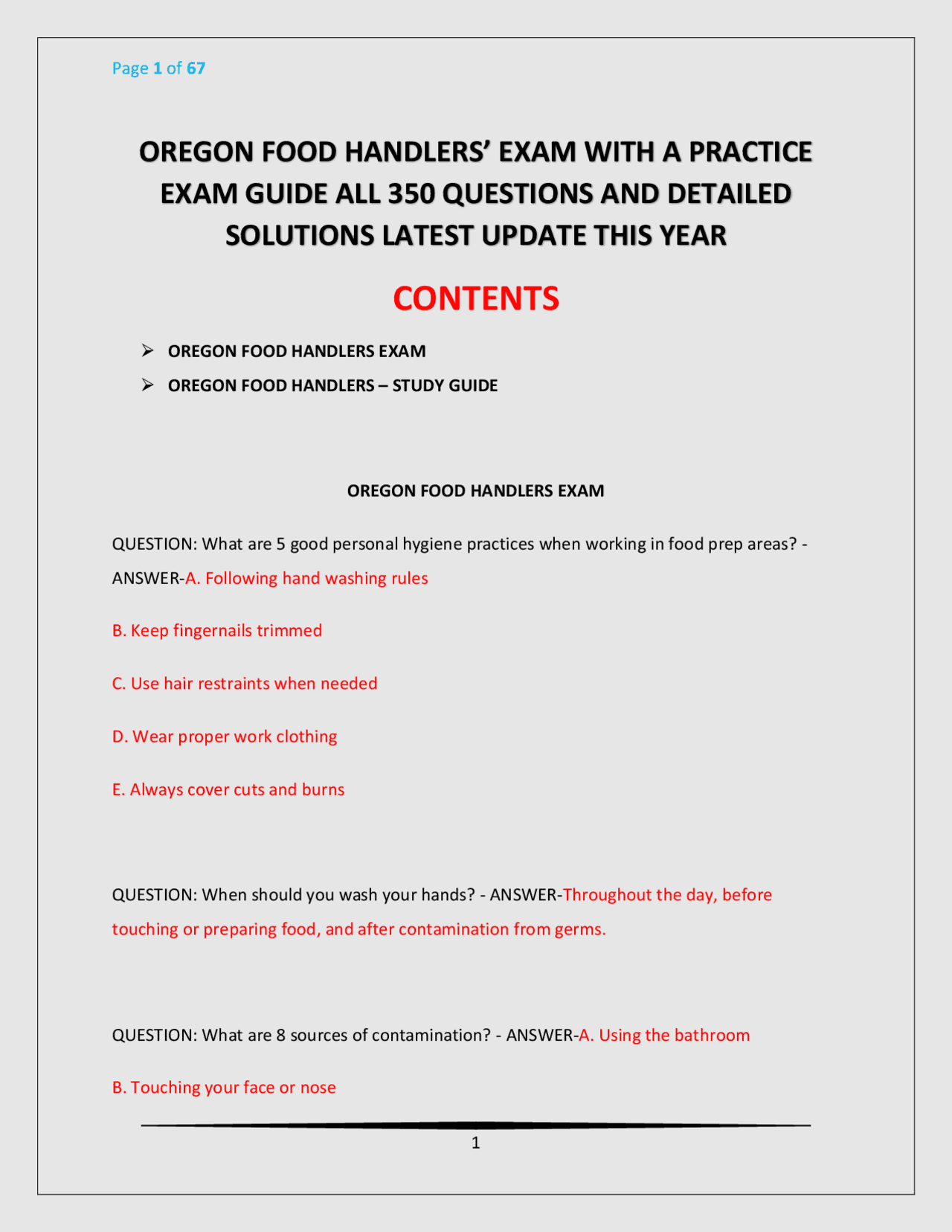 OREGON FOOD HANDLERS’ EXAM WITH A PRACTICE EXAM GUIDE ALL 350 QUESTIONS ...