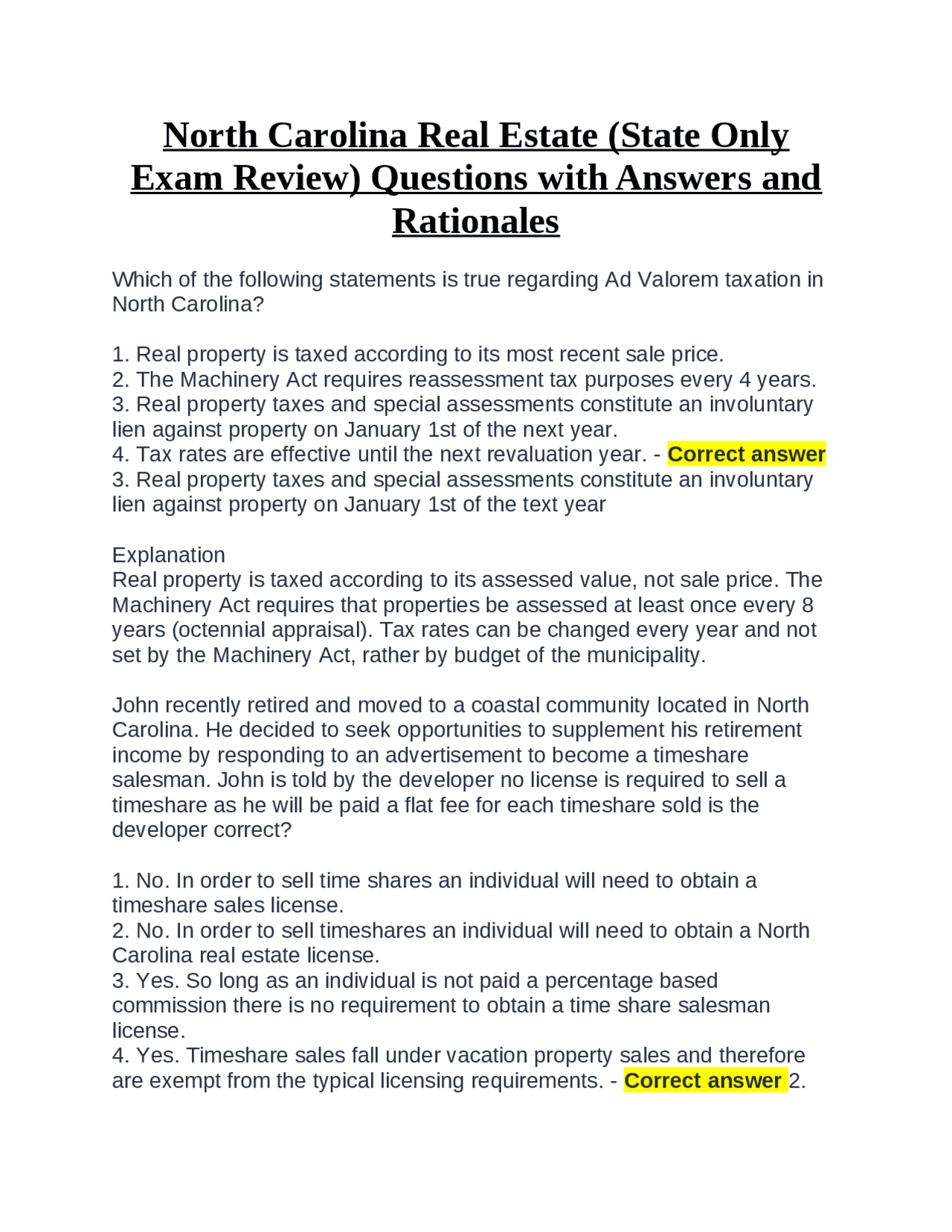 North Carolina Real Estate Exam Review Questions and Answers | Exams ...