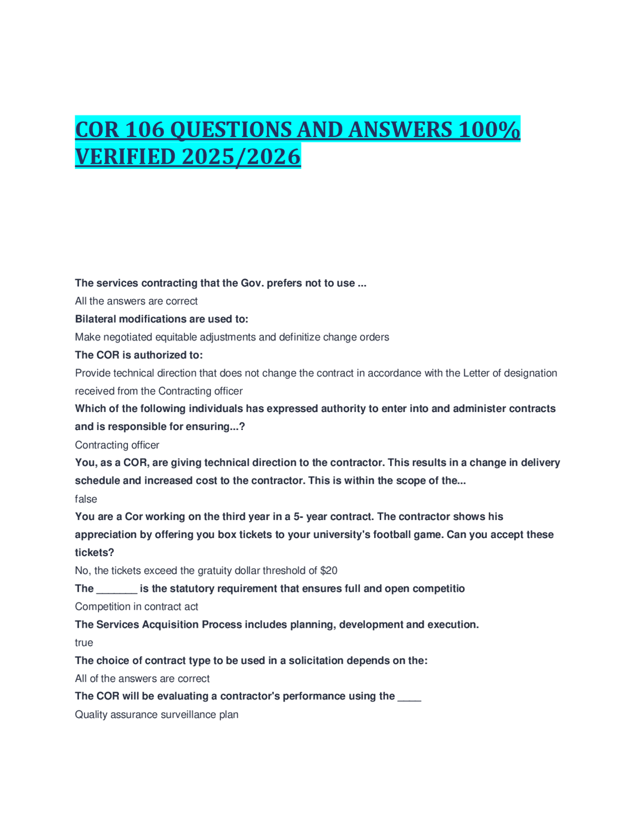 COR 106 Questions and Answers: A Comprehensive Guide to Services ...