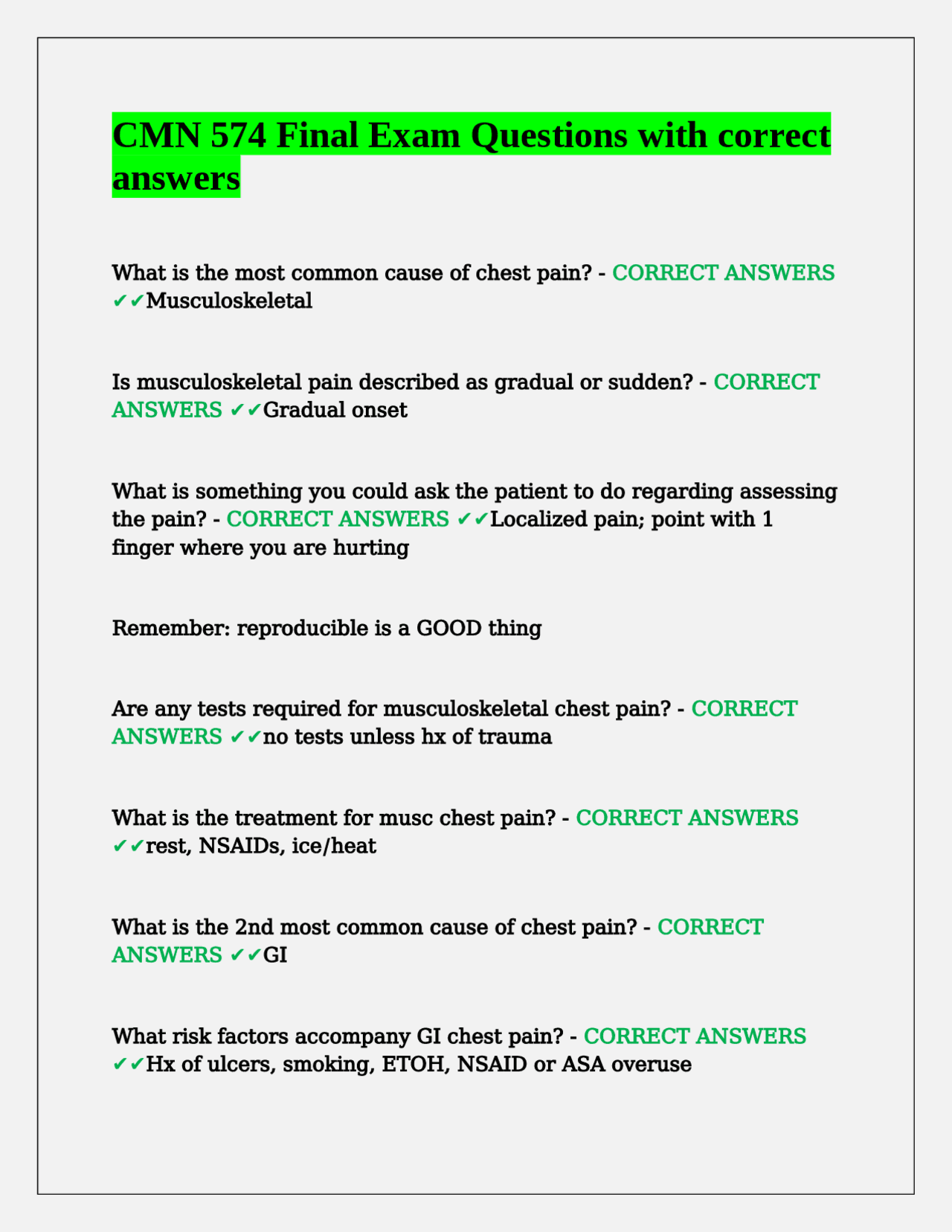 CMN 574 Final Exam Questions and Answers: Chest Pain Differential ...