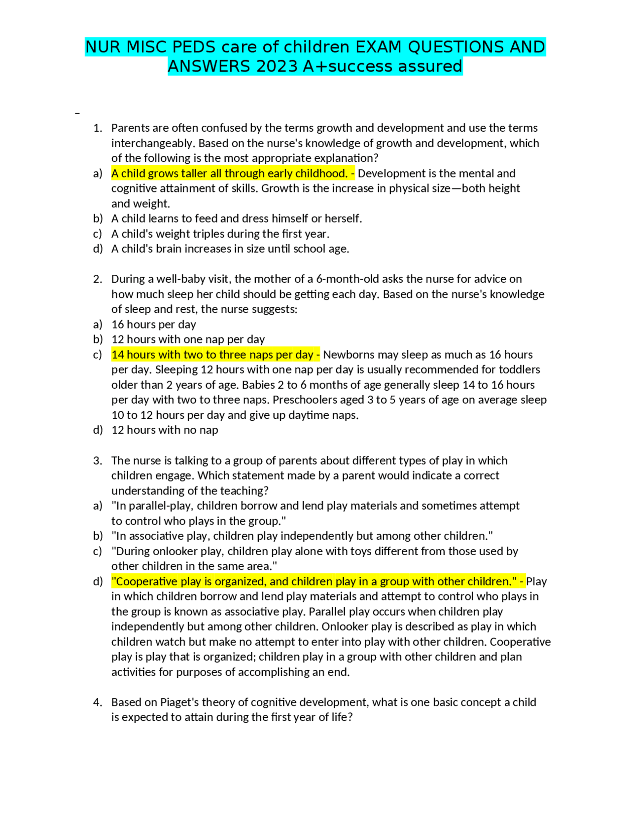 Child Development Exam Questions and Answers | Exams Nursing | Docsity