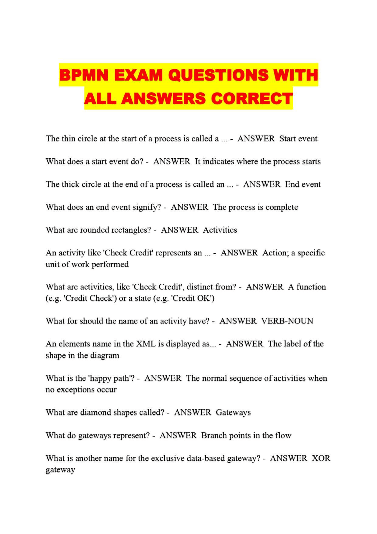 BPMN EXAM QUESTIONS WITH ALL ANSWERS CORRECT | Exams Business ...