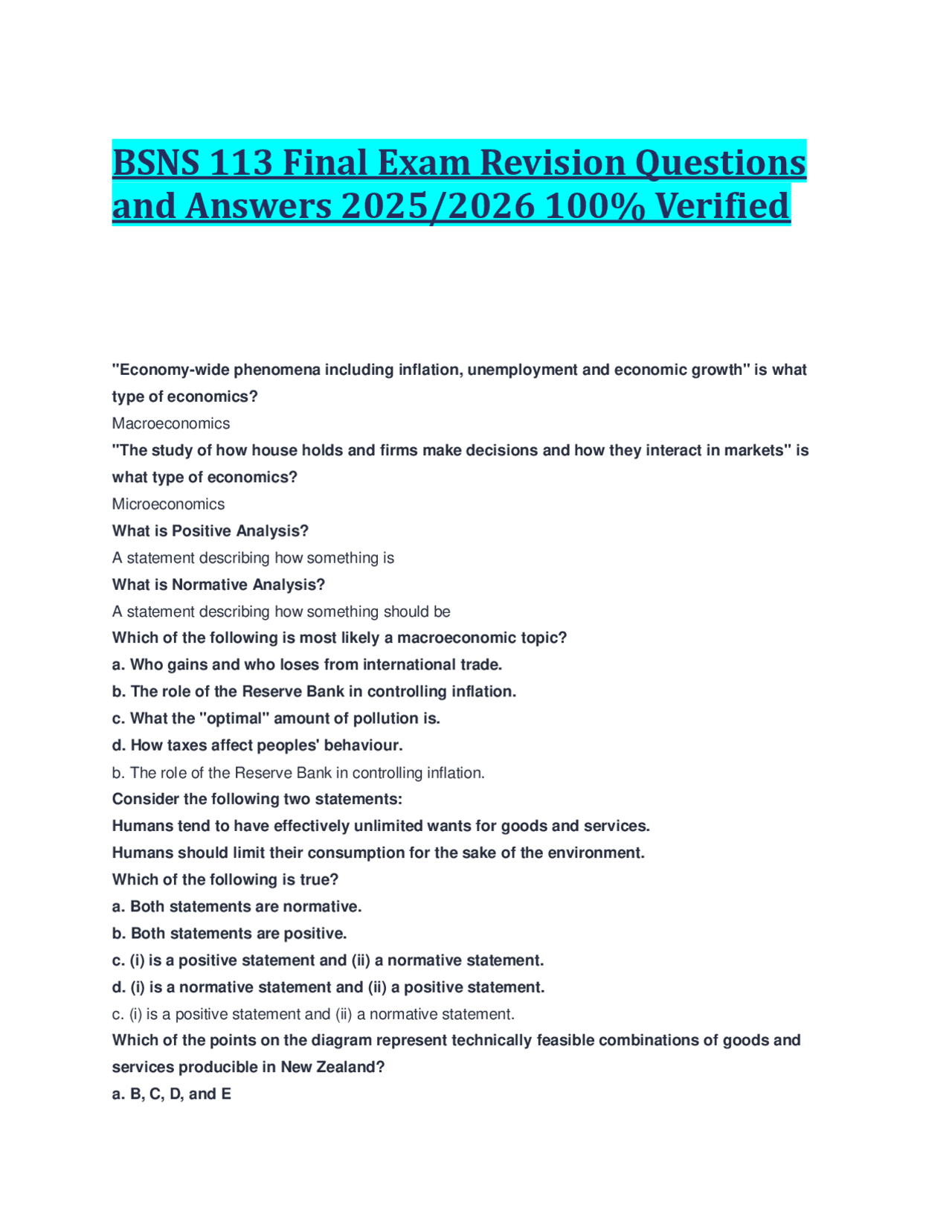BSNS 113 Final Exam Revision Questions and Answers 2025/2026 100% ...
