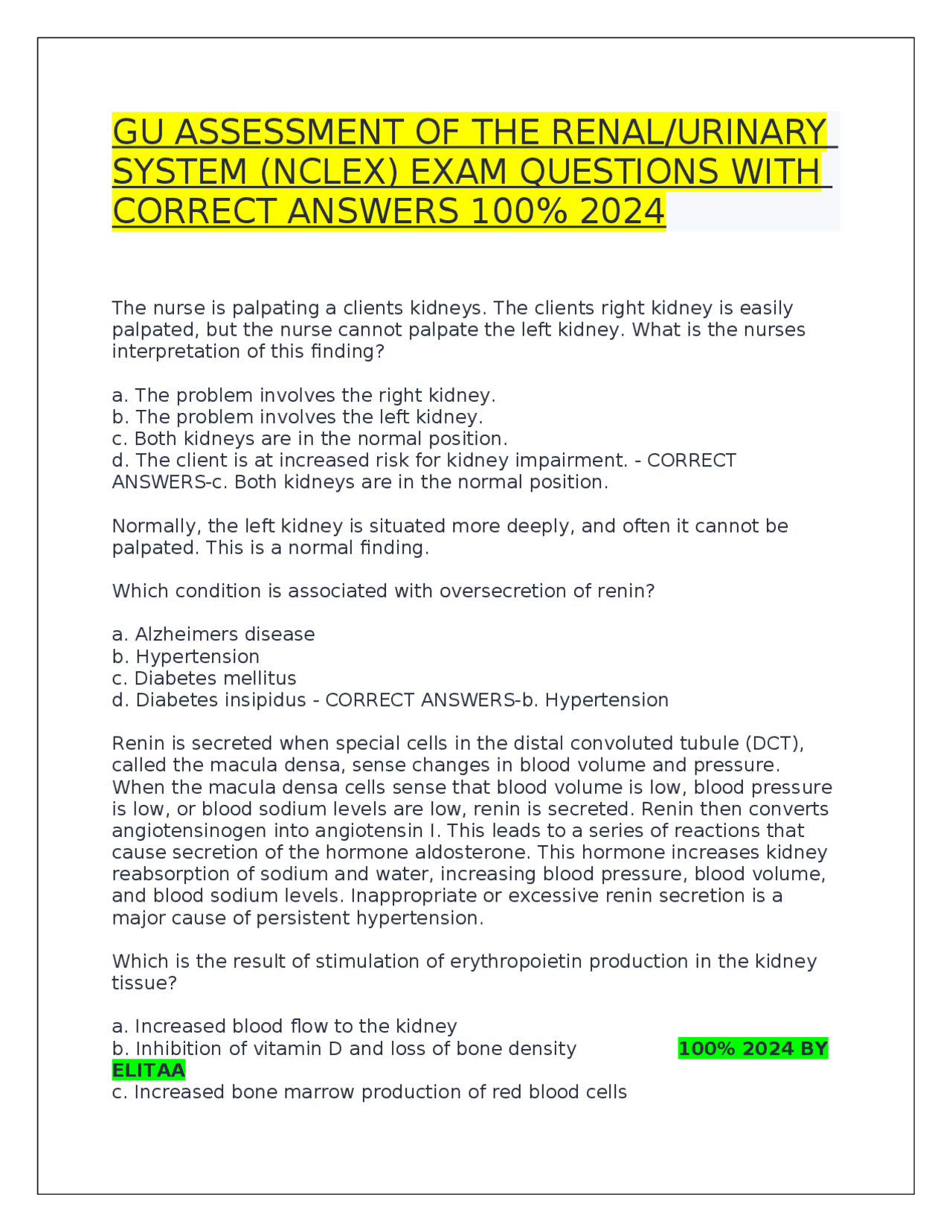 Renal/Urinary System Assessment: NCLEX Exam Questions with Correct ...