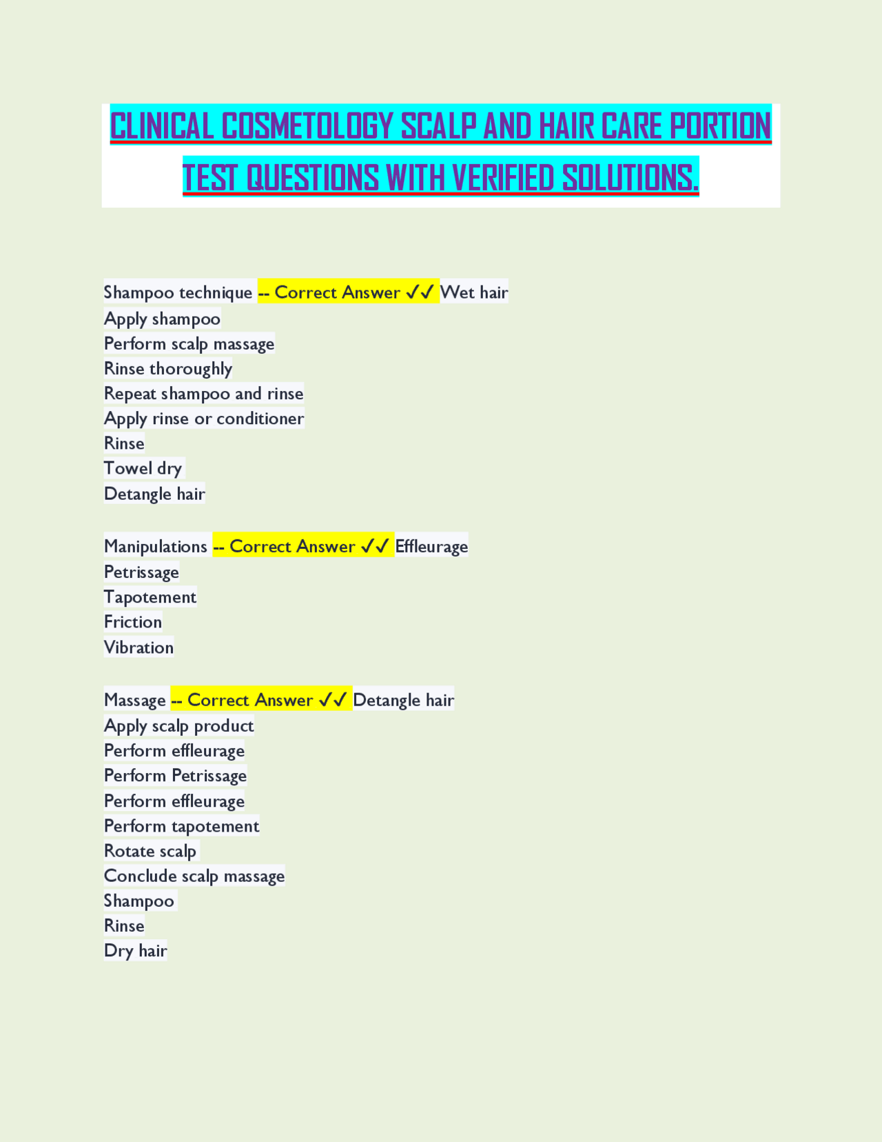 Clinical Cosmetology: Scalp and Hair Care Test Questions with Verified ...